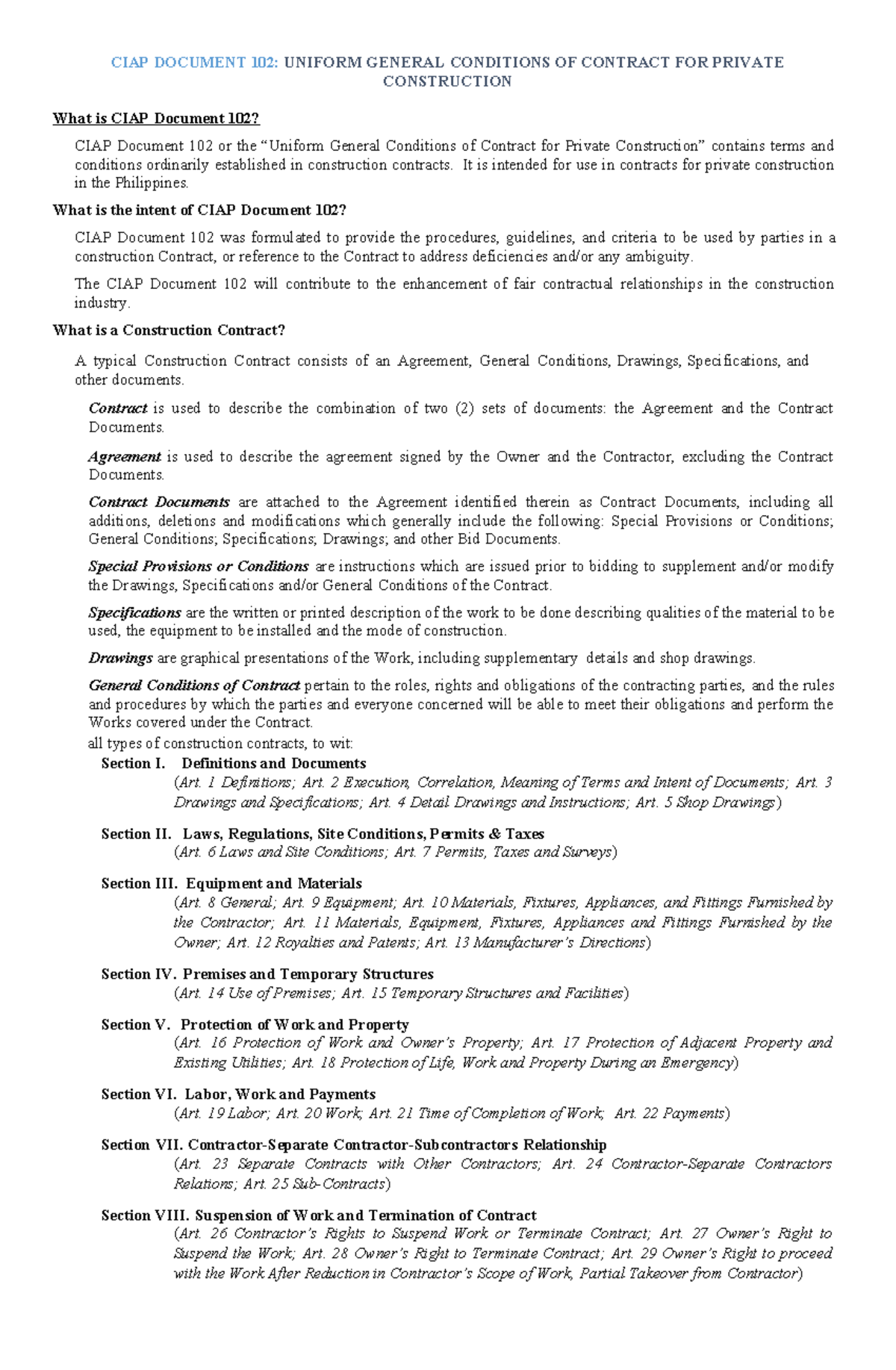 CIAP Document 102 - CIAP DOCUMENT 102: UNIFORM GENERAL CONDITIONS OF CONTRACT FOR PRIVATE - Studocu
