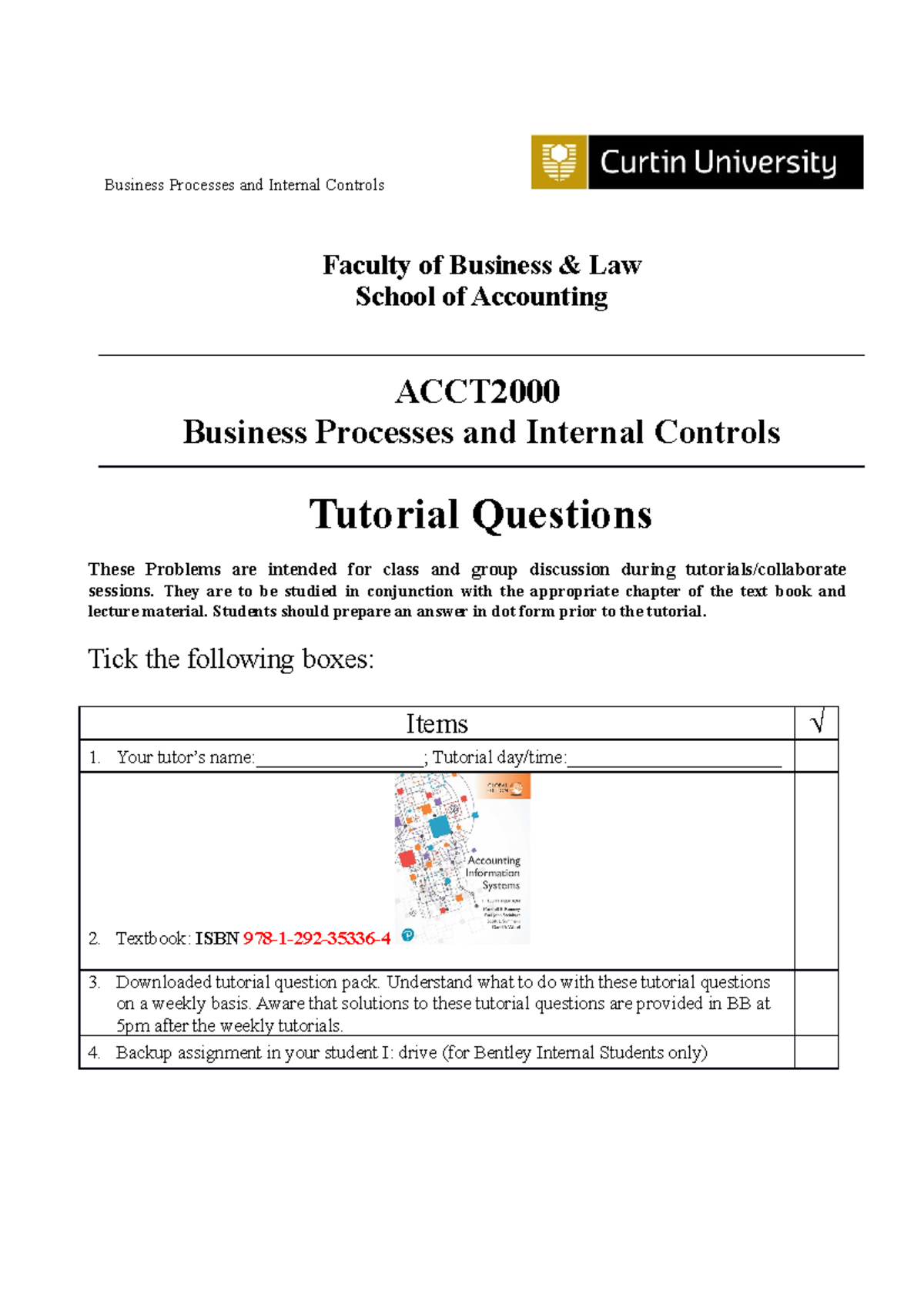 Tutorial Questions 2021 - Business Processes and Internal Control ...