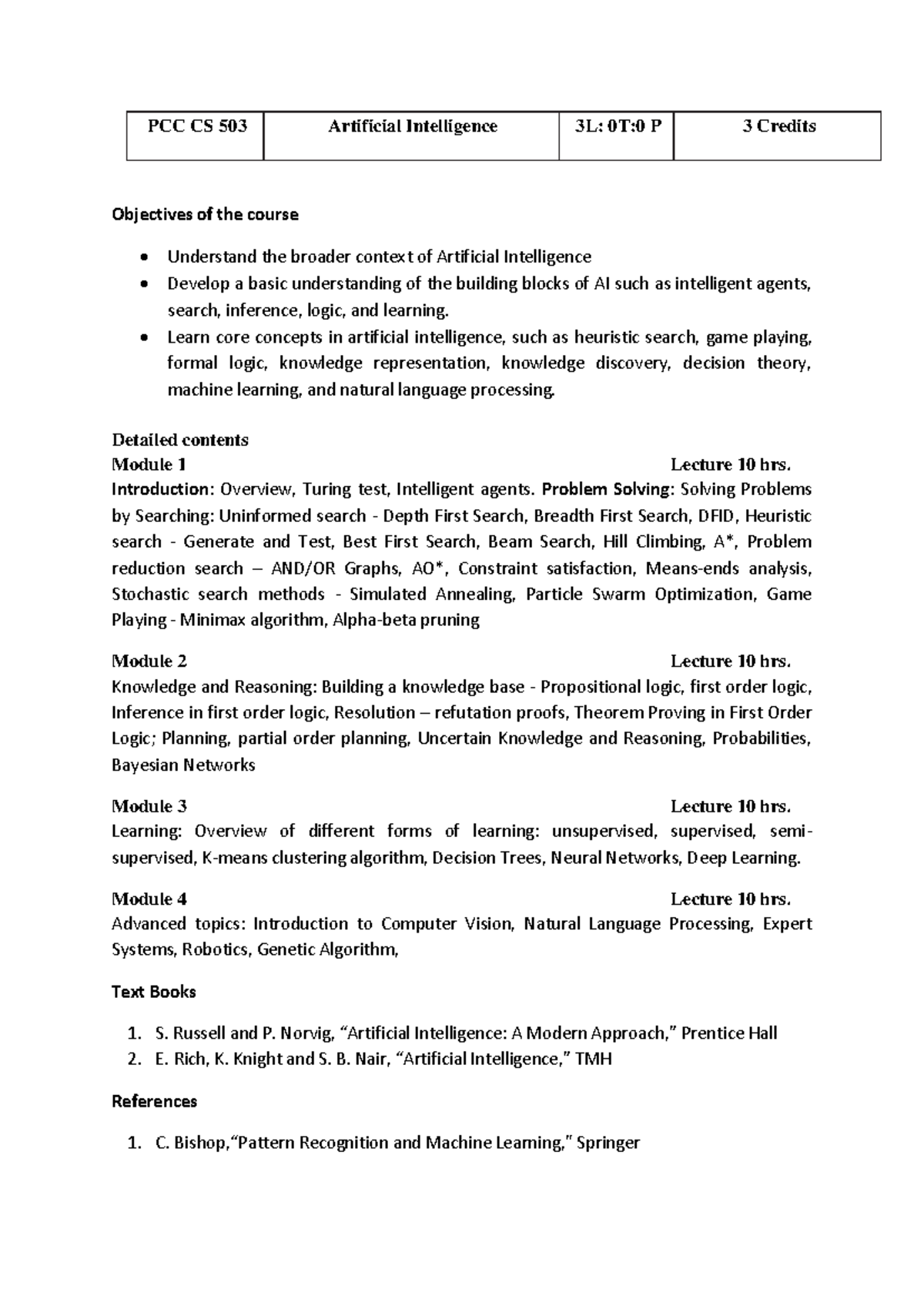 AI Syllabus - ai schedule - PCC CS 503 Artificial Intelligence 3L: 0T:0 ...