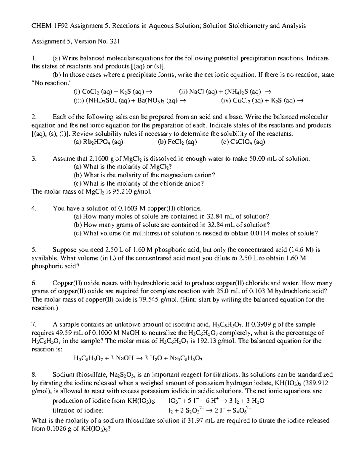 A5 - Practice material - CHEM 1F92 Assignment 5. Reactions in Aqueous Solution; Solution - Studocu