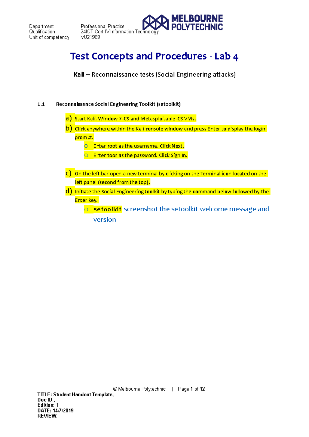 Lab 4 Test Concepts and Procedures - Qualification 24ICT Cert IV ...