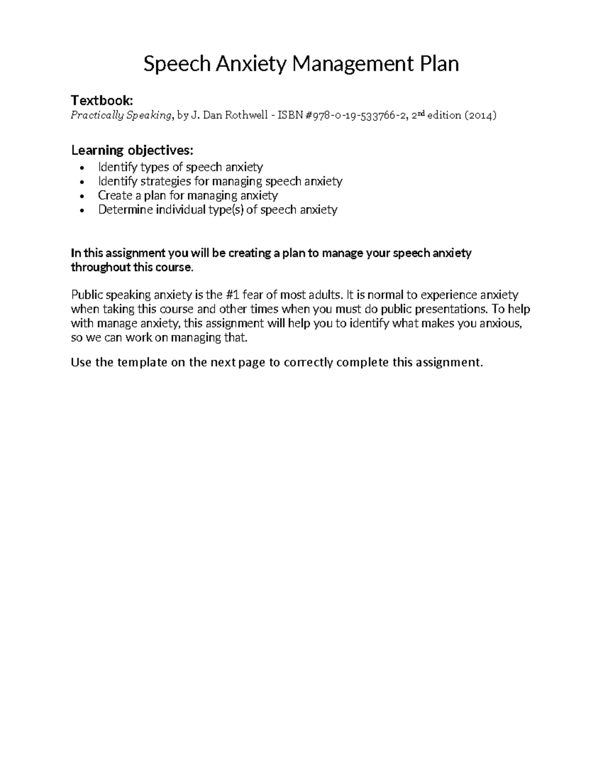 Speech Anxiety Management Plan - Speech Anxiety Management Plan ...