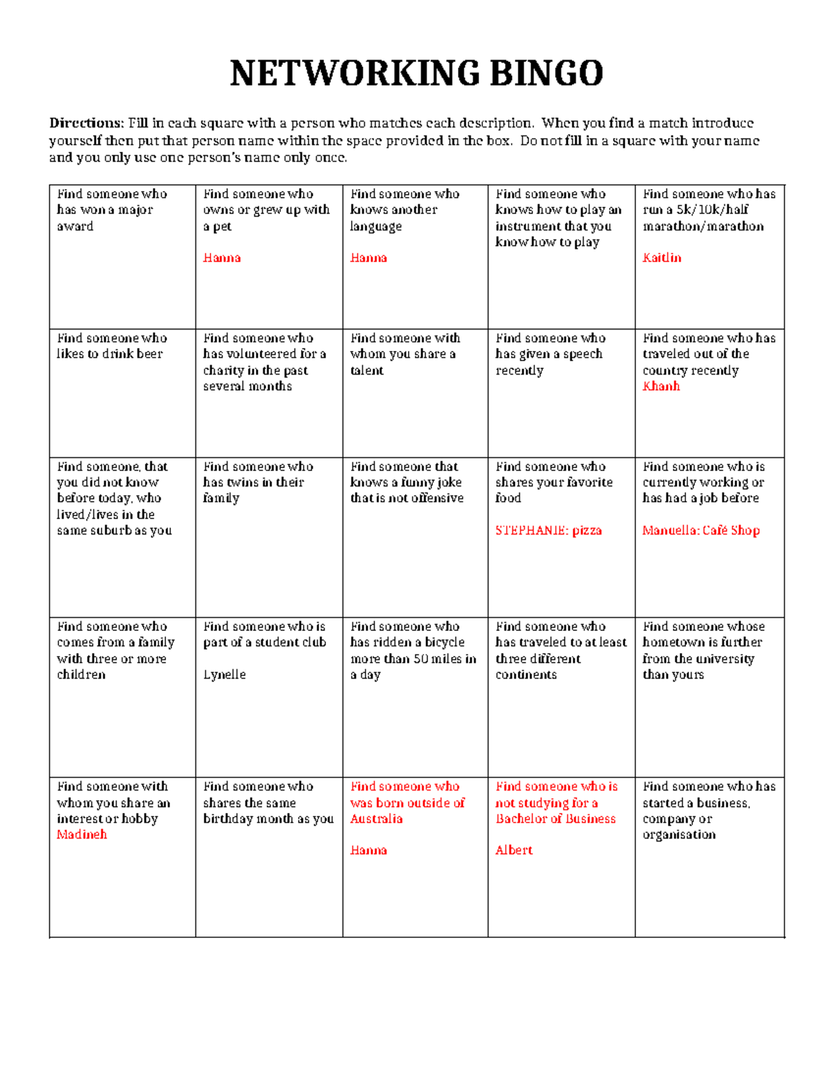 Networking Bingo - tutorial work - NETWORKING BINGO Directions: Fill in ...