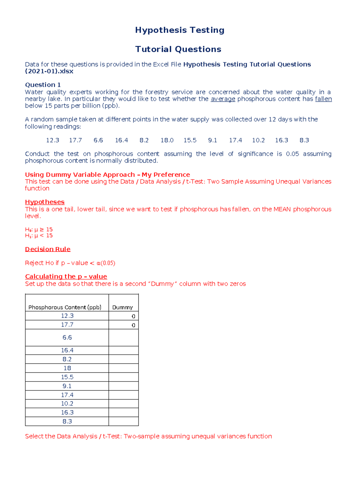 Hypothesis Testing Practice Questions I and II - Solutions - Hypothesis ...