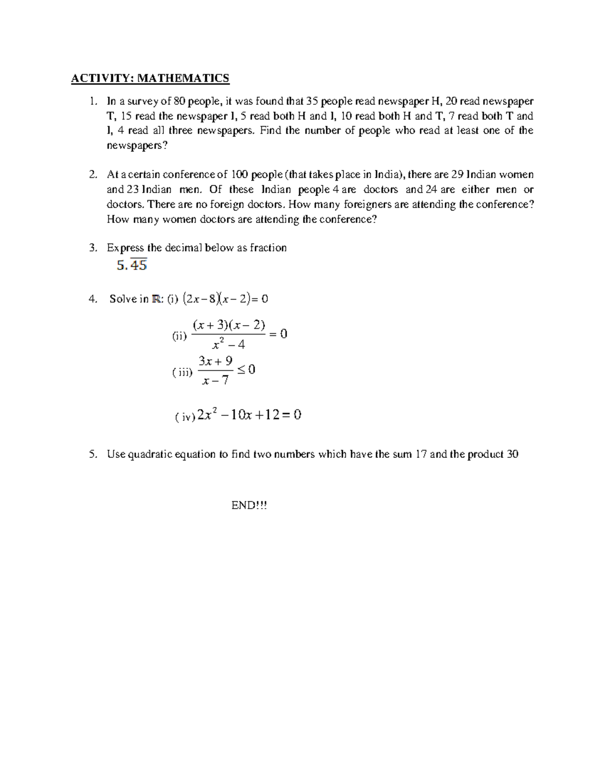 Mathematics Activity - assignment - ACTIVITY: MATHEMATICS In a survey ...