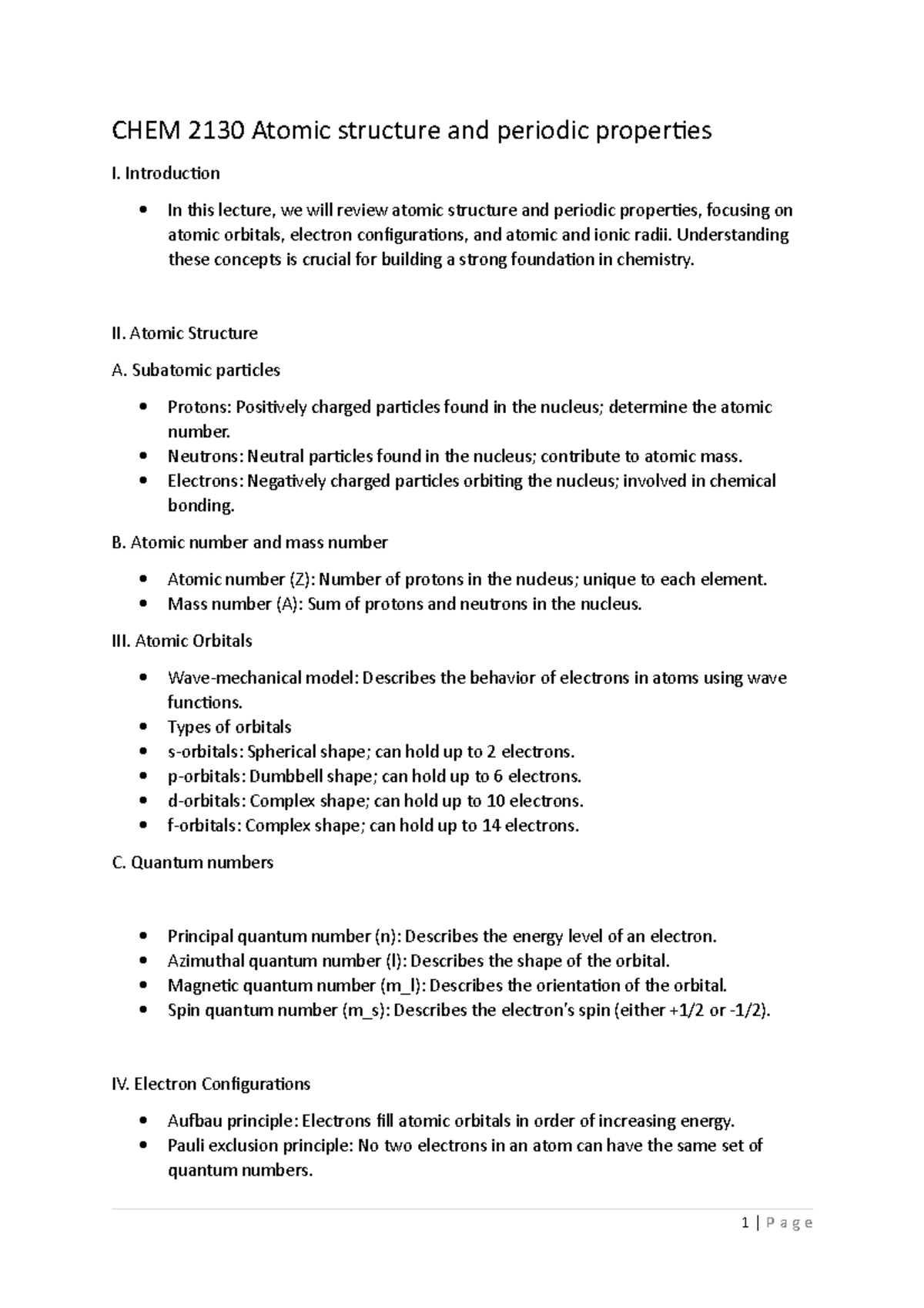 CHEM 2130 Atomic structure and periodic properties - Introduction In ...