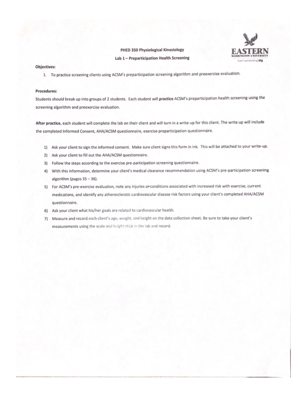 Pre participation Health Screening - PHED 350 - EWU - Studocu