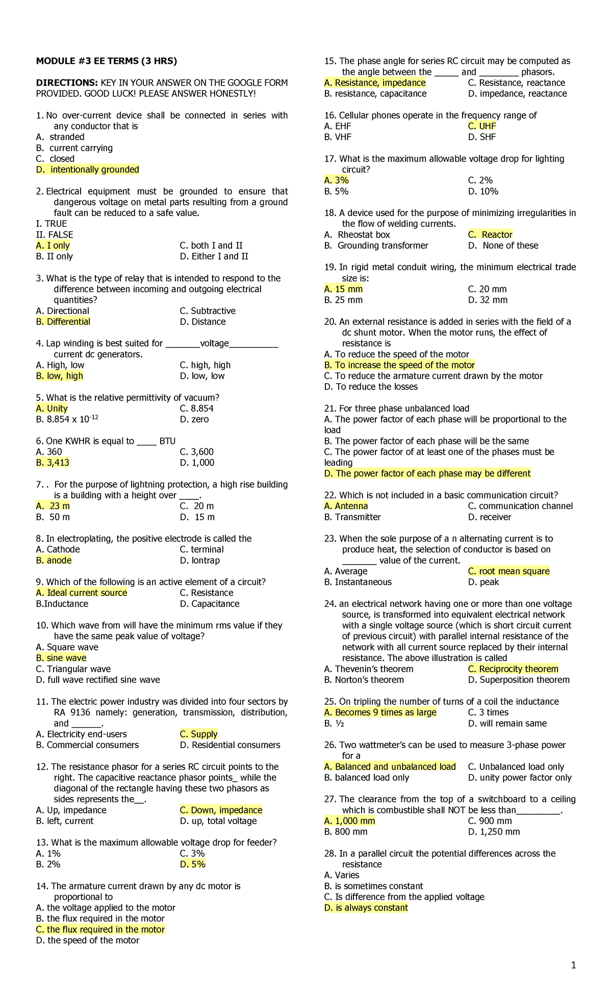 Module 3 EE - ee subjs - MODULE #3 EE TERMS (3 HRS) DIRECTIONS: KEY IN ...