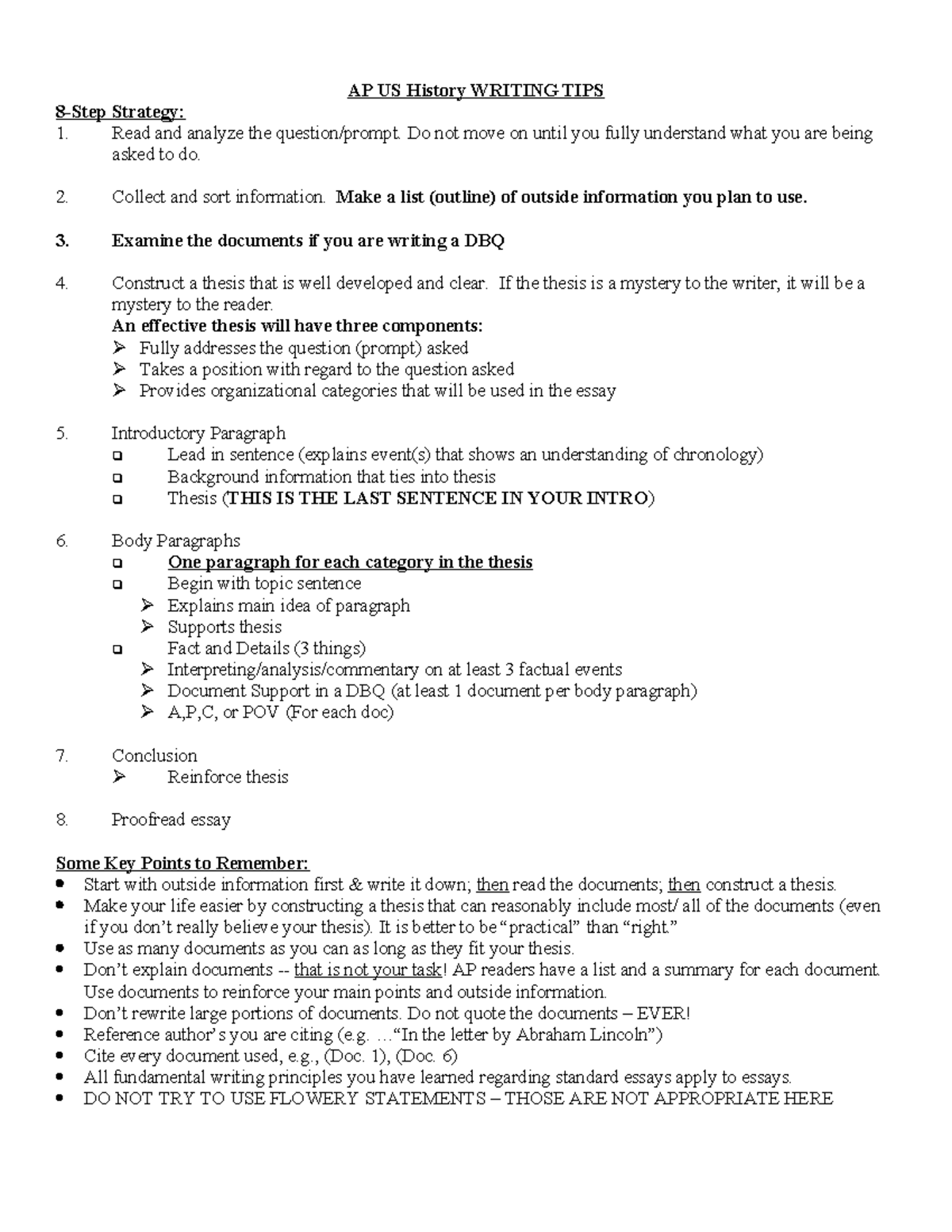 DBQ Writing TIPS 2015-16 - AP US History WRITING TIPS 8-Step Strategy ...