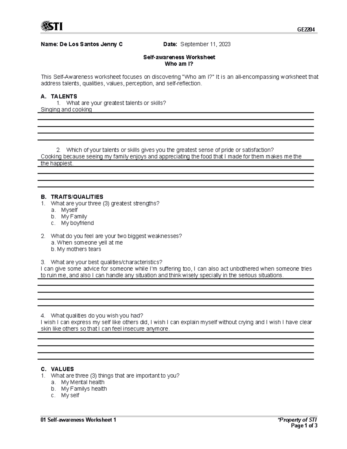 01 Self-awareness Worksheet 1 - A. TALENTS 1. What are your greatest ...