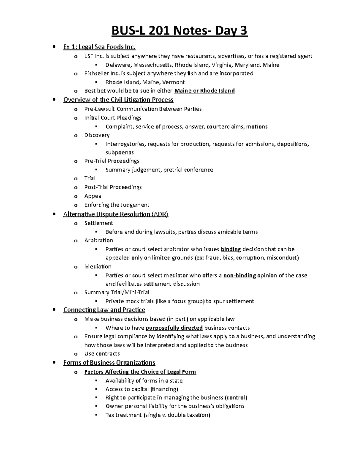 BUS-L 201 Notes- Day 3 - Tim Lemper - Ex 1: Legal Sea Foods Inc. o LSF ...