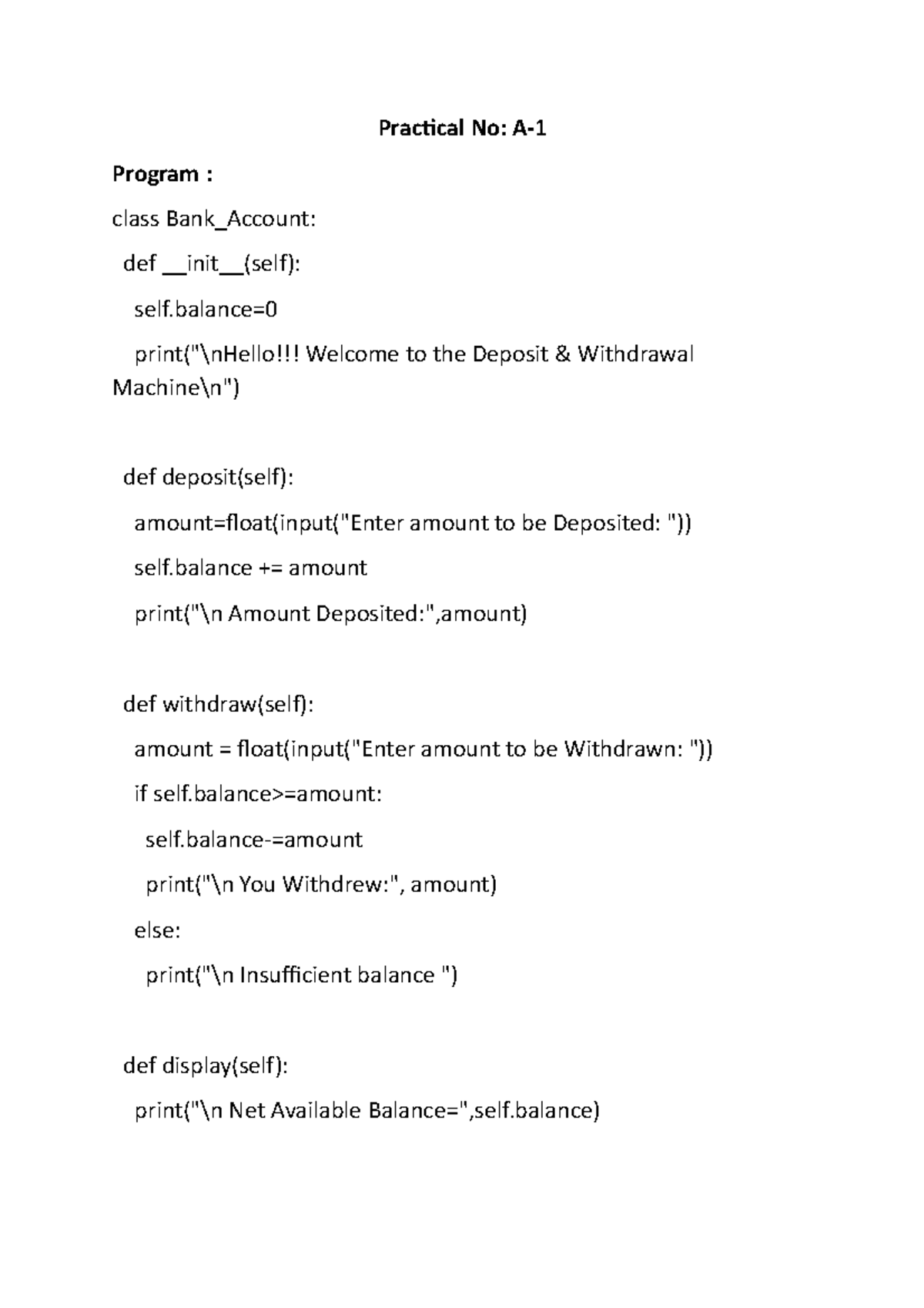 DSA Practical - Jvixrif - Practical No: A- Program : class Bank_Account: def init(self): self ...
