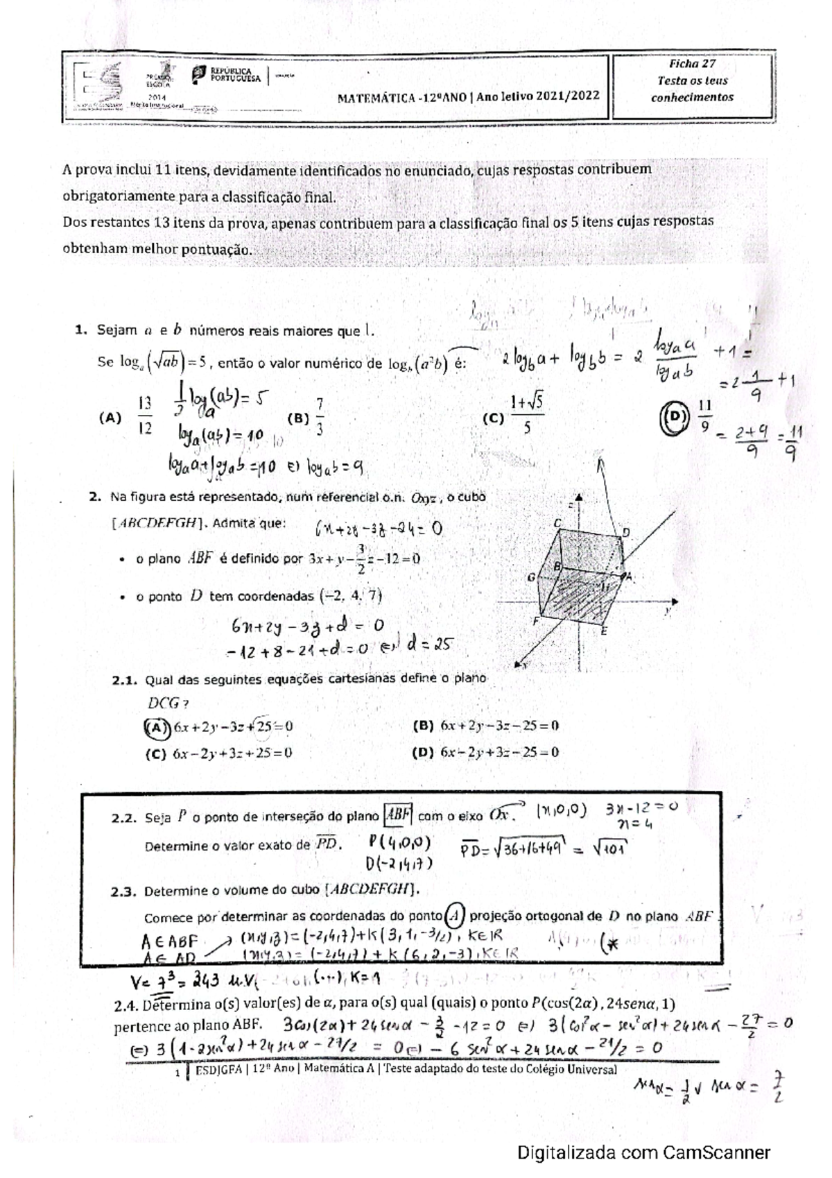 Ficha 27 resolucao 12ano - Matemática A - Studocu