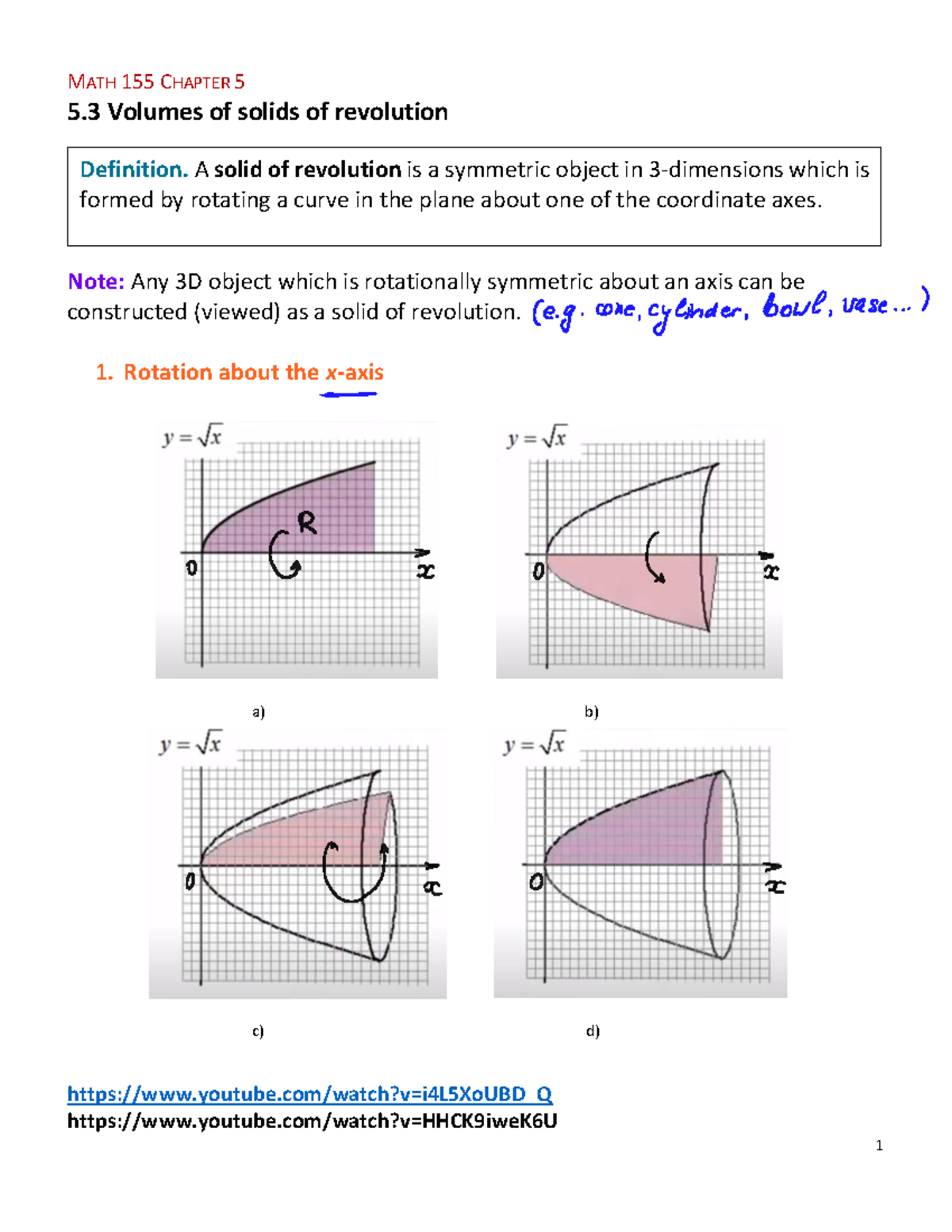 MATH 155 Section 5.3 - Filled - MATH 155 CHAPTER 5 5 Volumes of solids ...