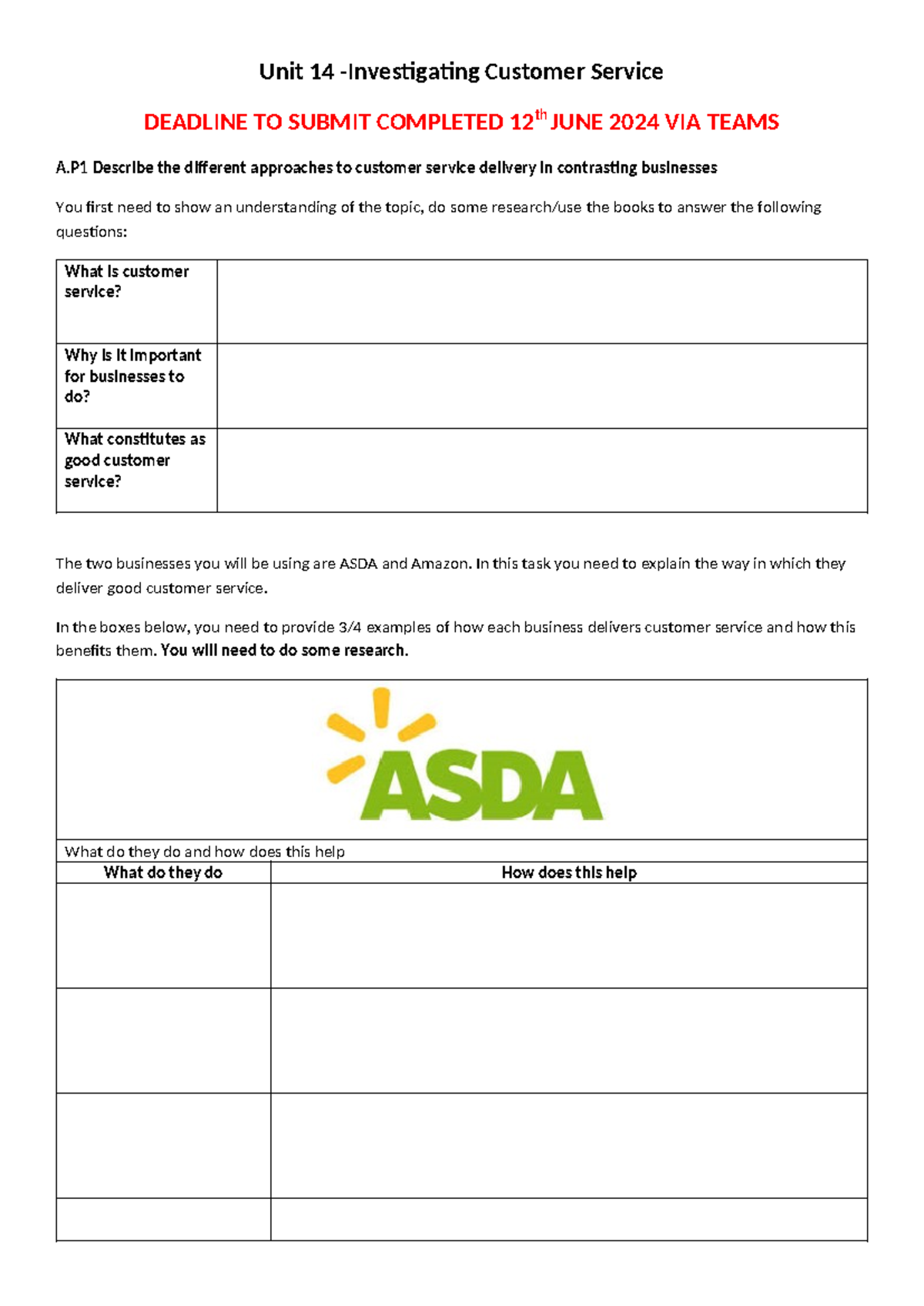 U14A Pass Criteria Booklet - Unit 14 -Investigating Customer Service ...