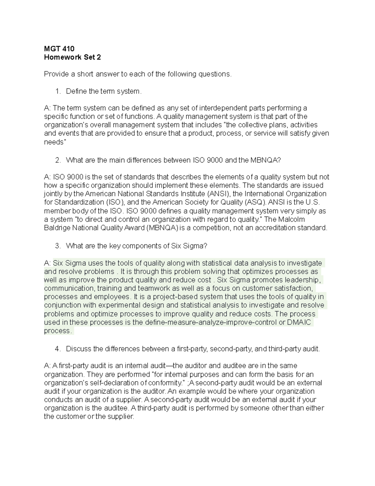 MGT410 Homework Set 2 - assignment - MGT 410 Homework Set 2 Provide a short answer to each of ...