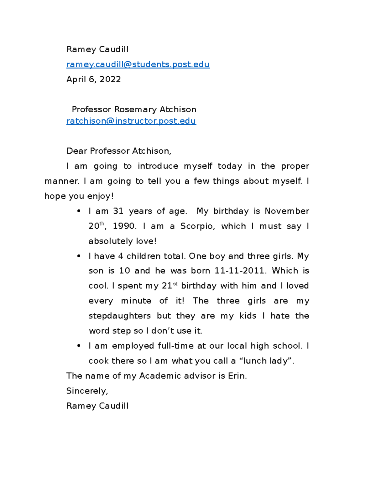 Caudill Unit4 Letter - Ramey Caudill ramey@students.post April 6, 2022 ...