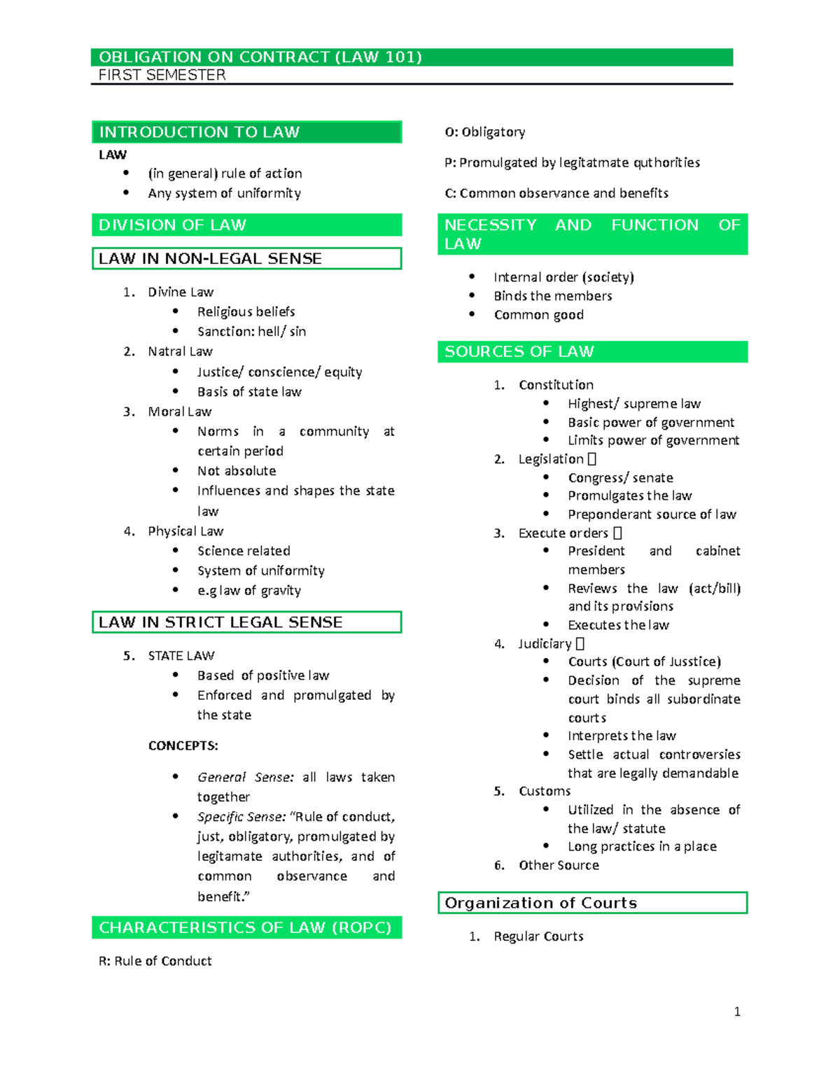 Oblicon- Notes - FIRST SEMESTER INTRODUCTION TO LAW LAW (in general ...