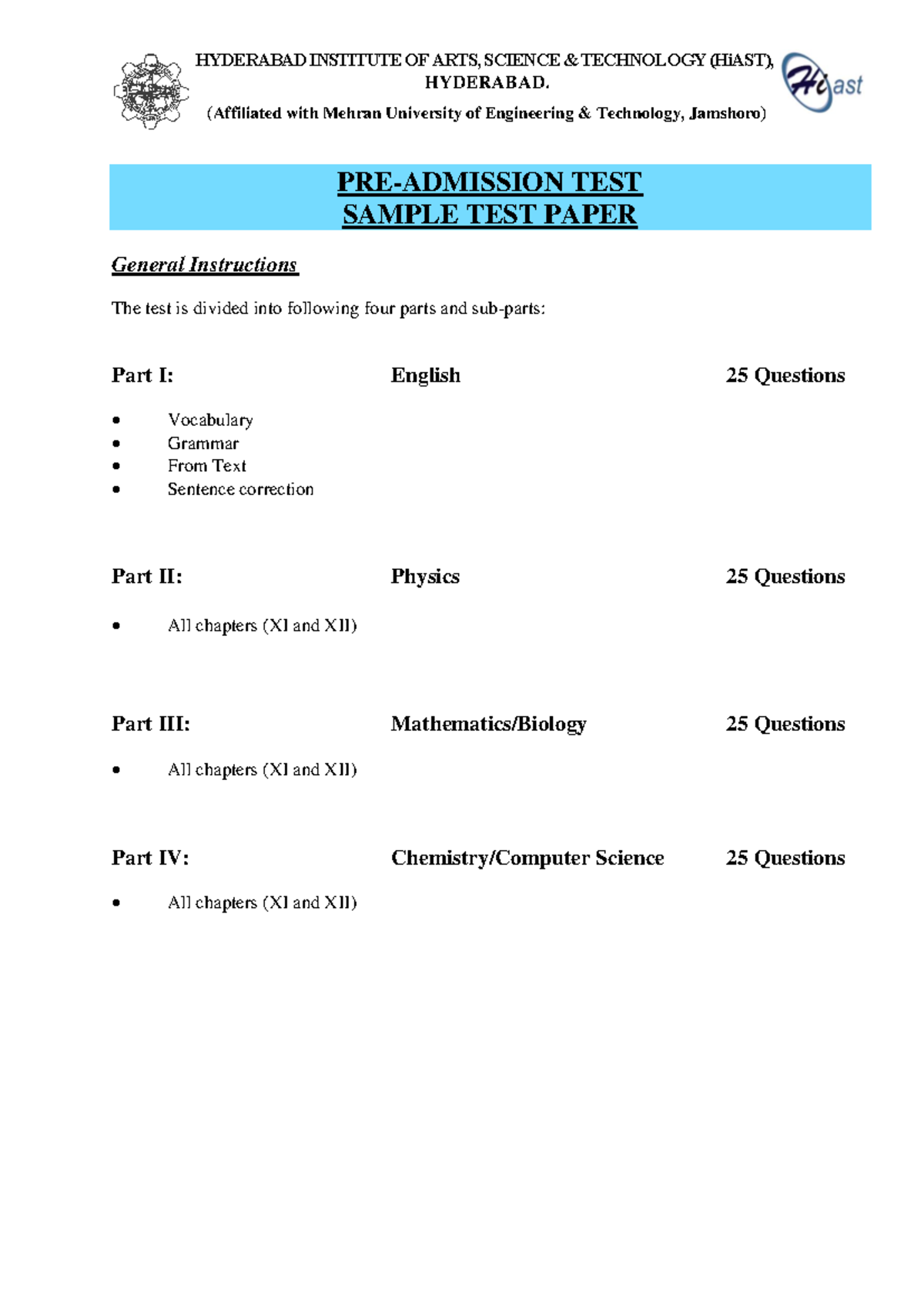 23-02-2022-Sample Pre-admission Test Paper - HYDERABAD INSTITUTE OF ...