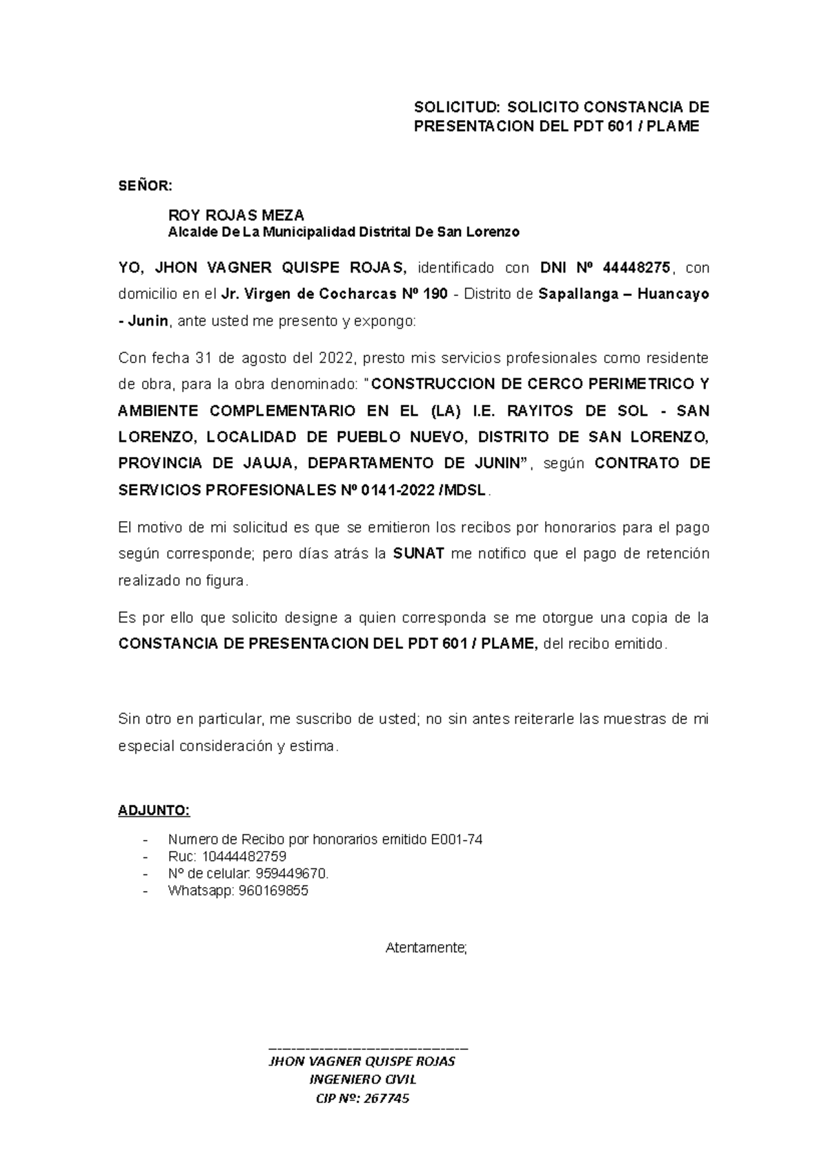 Solicitud DE Constancia PDT 601 - SOLICITUD: SOLICITO CONSTANCIA DE ...