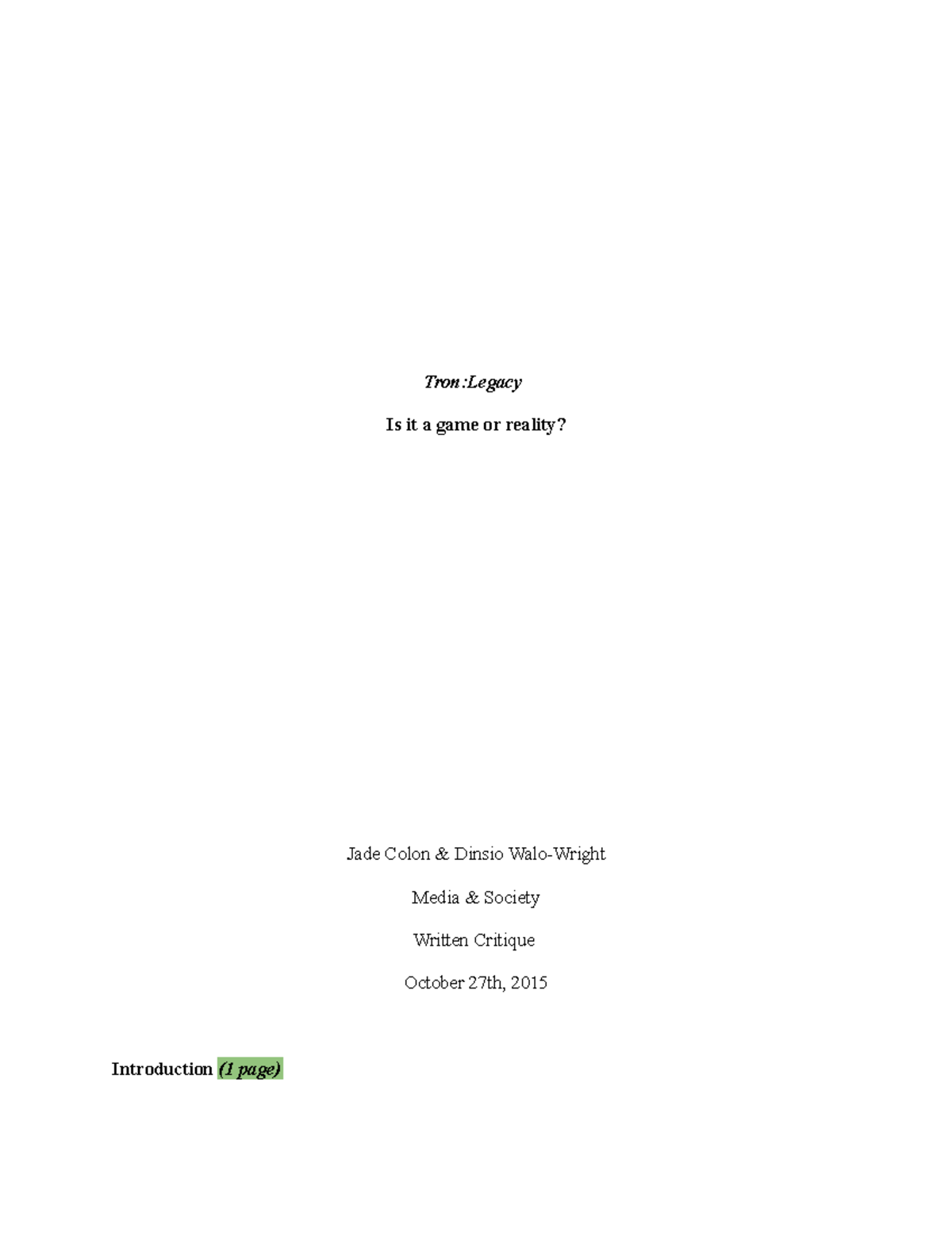 Tron Partner Paper - Dr. Vacker assignment for class on Tron - Tron ...