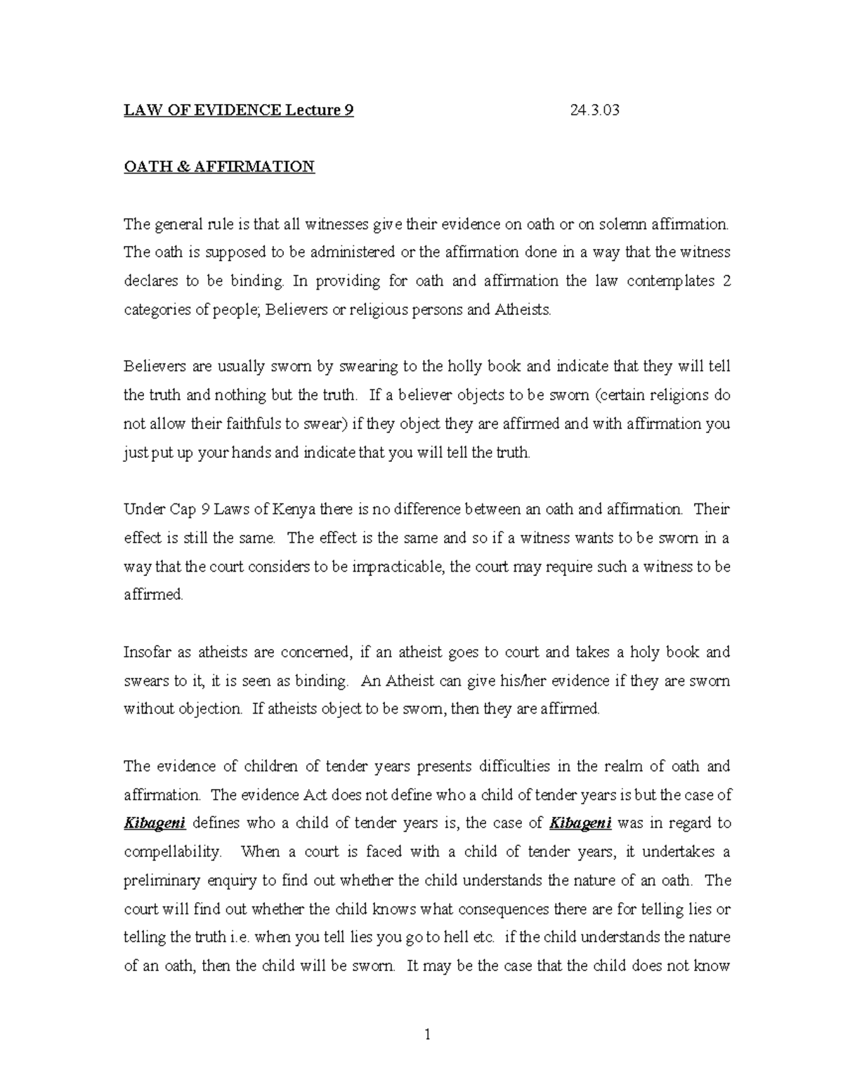 Evidence Examination OF Witnesses - LAW OF EVIDENCE Lecture 9 24. OATH ...