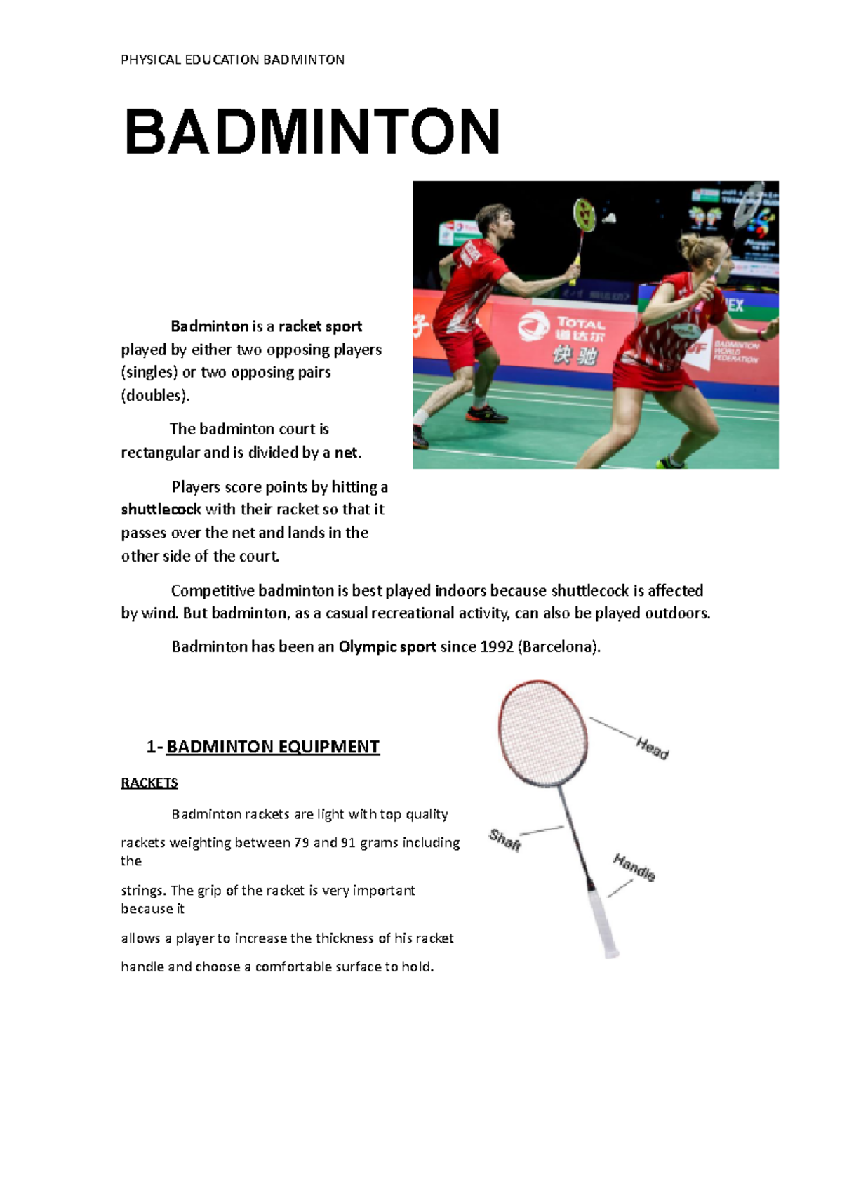 3. Bádminton I (English) - PHYSICAL EDUCATION BADMINTON BADMINTON ...