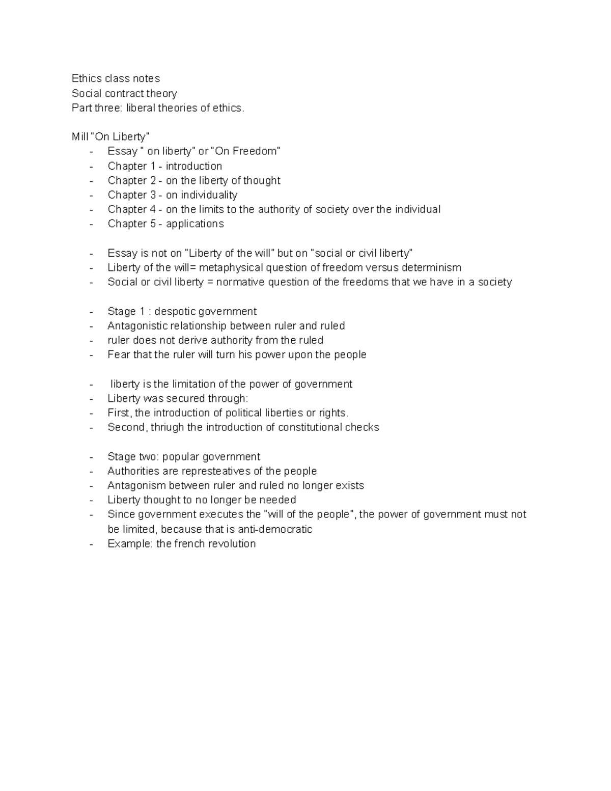 Ethics class notes - Ethics class notes Social contract theory Part ...