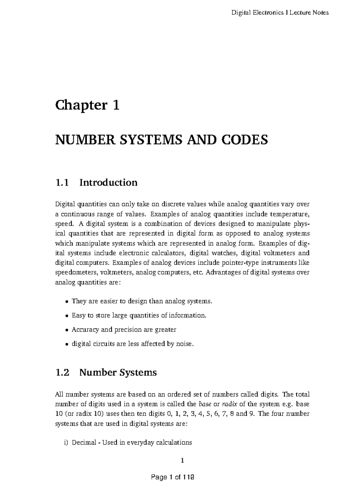 Digital Electronics Lecture Notes - Chapter 1 NUMBER SYSTEMS AND CODES ...