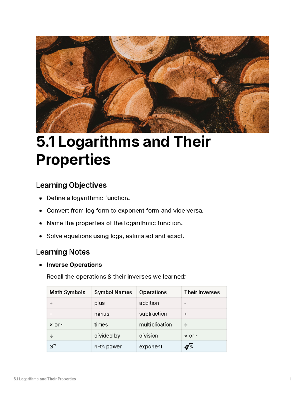 5.1 Logarithms and Their Properties - 5 Logarithms and Their Properties ...
