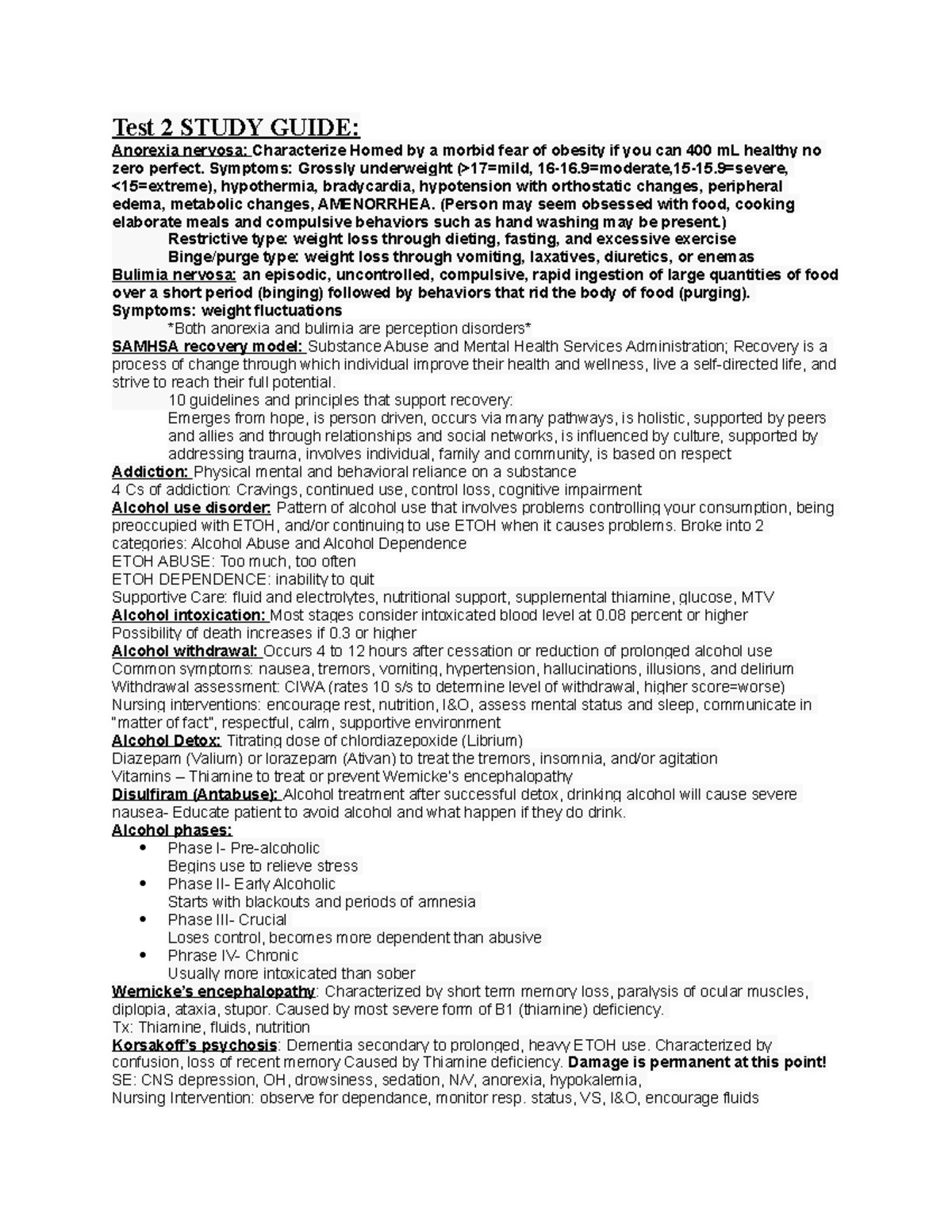 Test 2 Study Guide - ,/.;'';, - Test 2 STUDY GUIDE: Anorexia nervosa ...