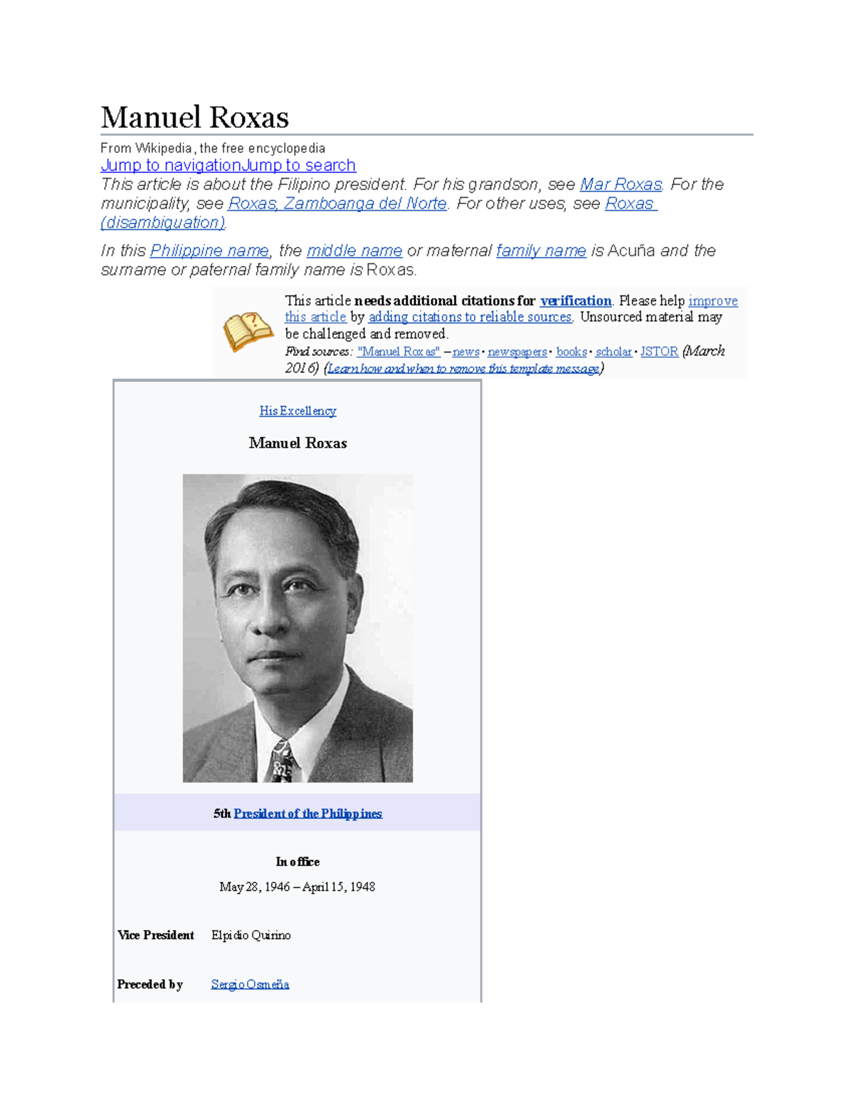 Manuel Roxas - President of the Philippines - Manuel RoxasFrom ...