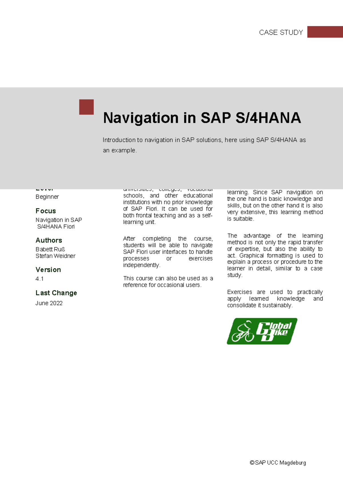 Intro S4HANA Using Global Bike Navigation Course en v4 - Product SAP S/4HANA On premise Fiori ...