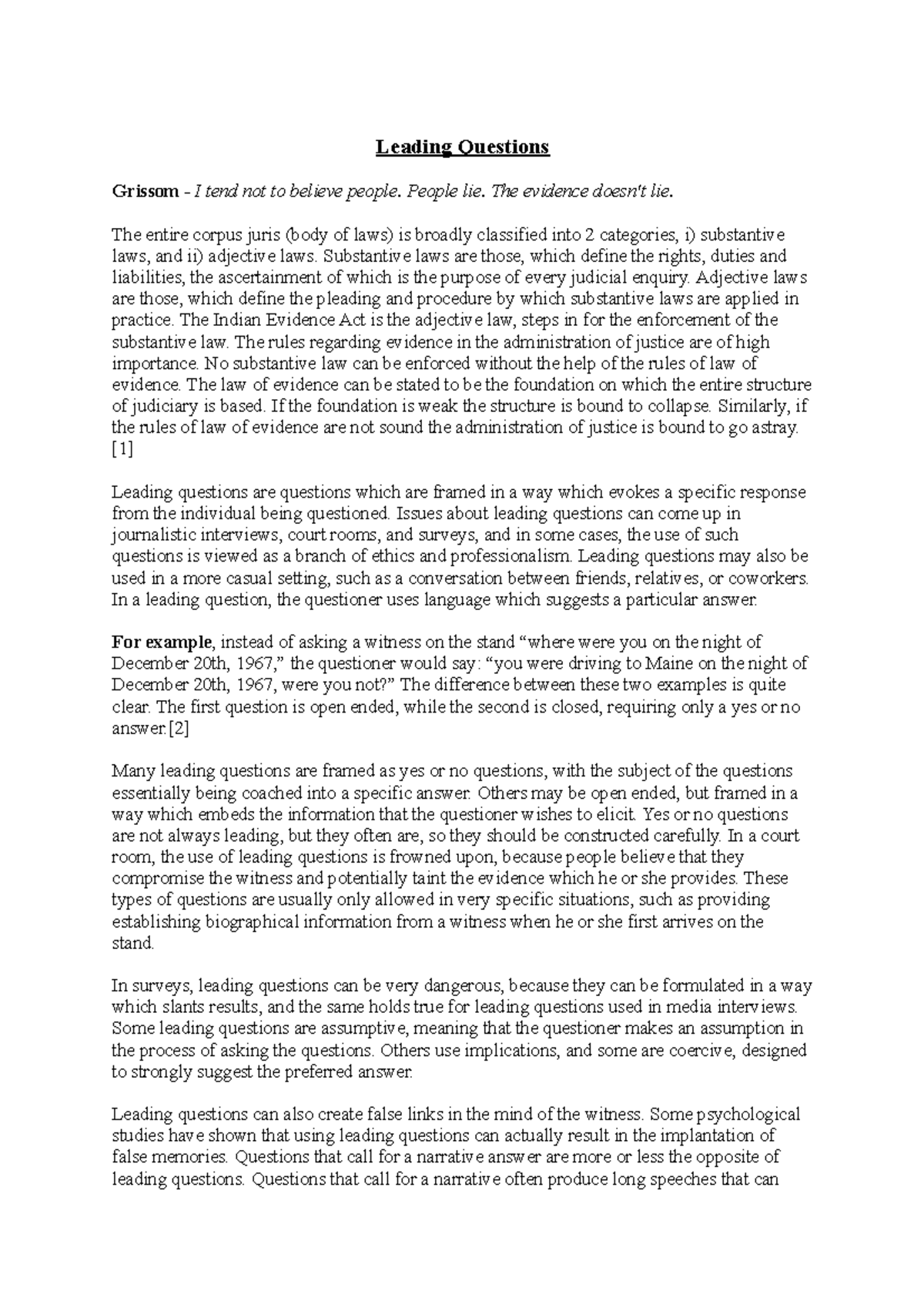Leading Questions - Short Notes - Leading Questions Grissom - I tend ...