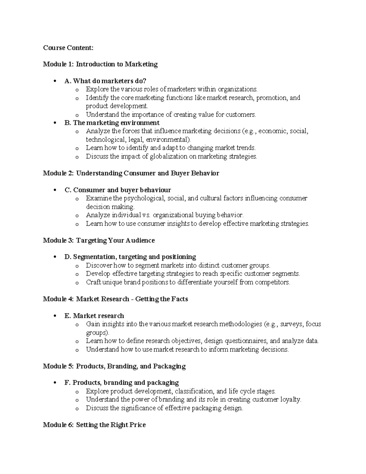 Essentials of Marketing Course - Course Content: Module 1: Introduction ...