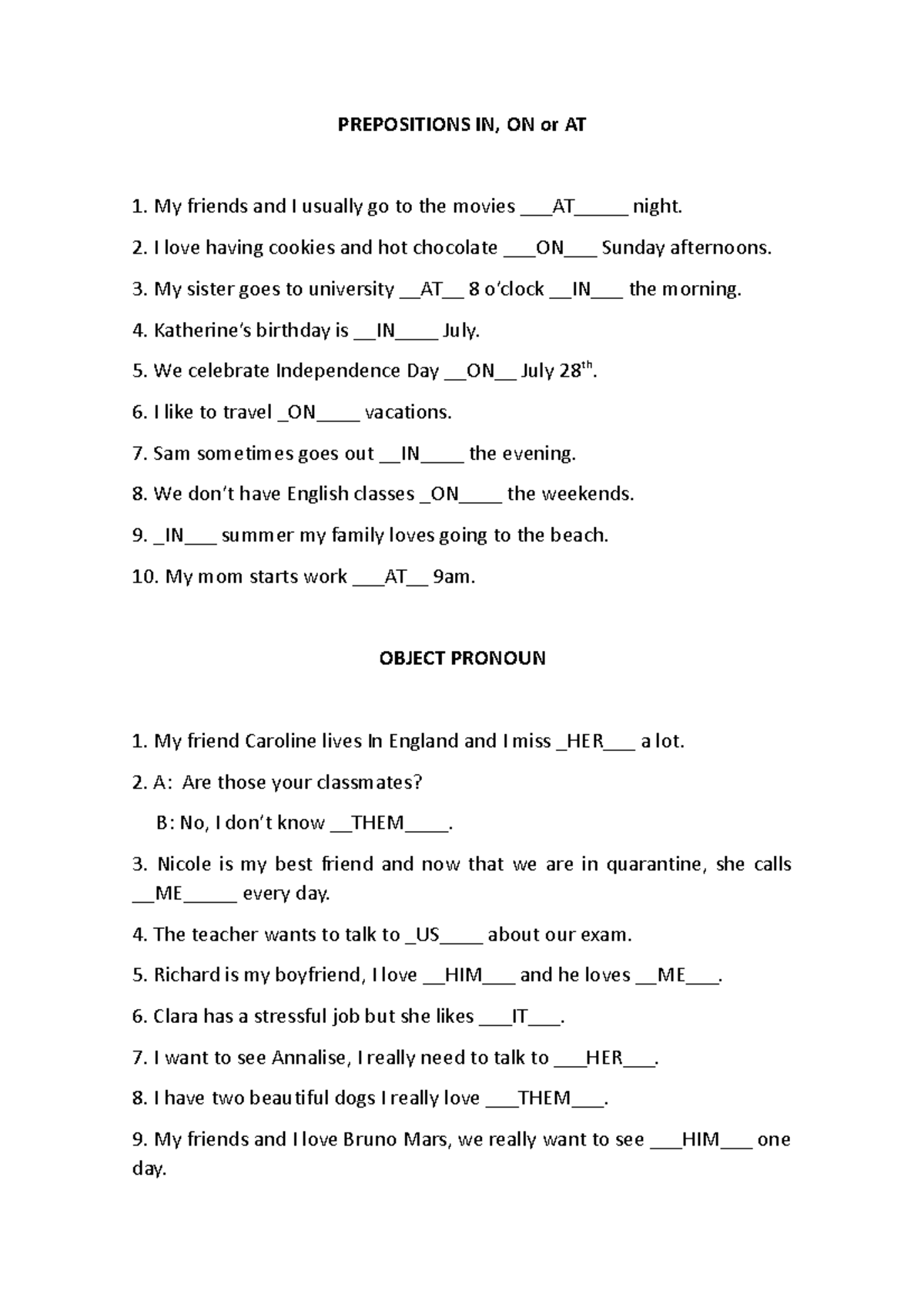 Prepositions and Object Pronouns Resulto RUTH Gomez Mendoza ...