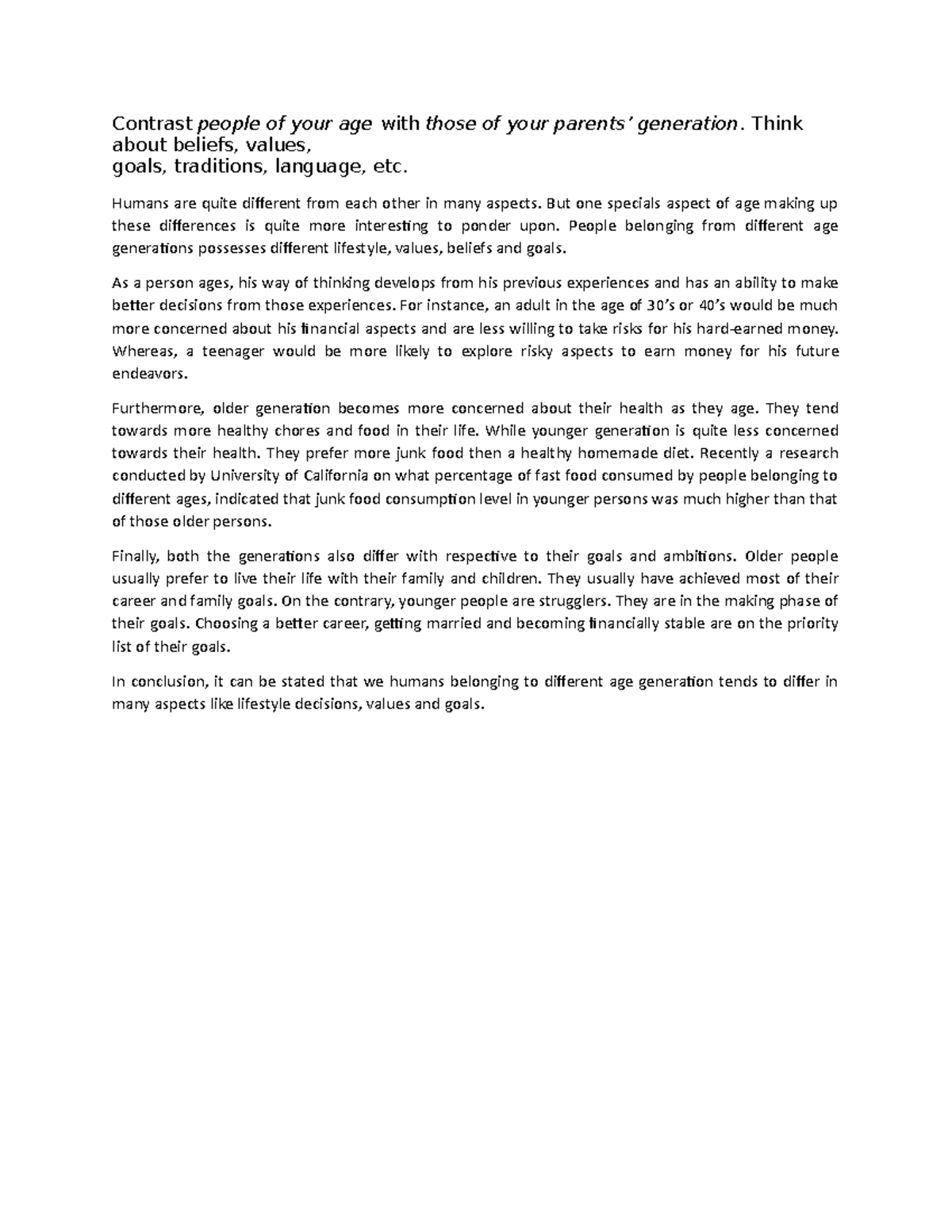 Essay - Contrast people of your age with those of your parents ...