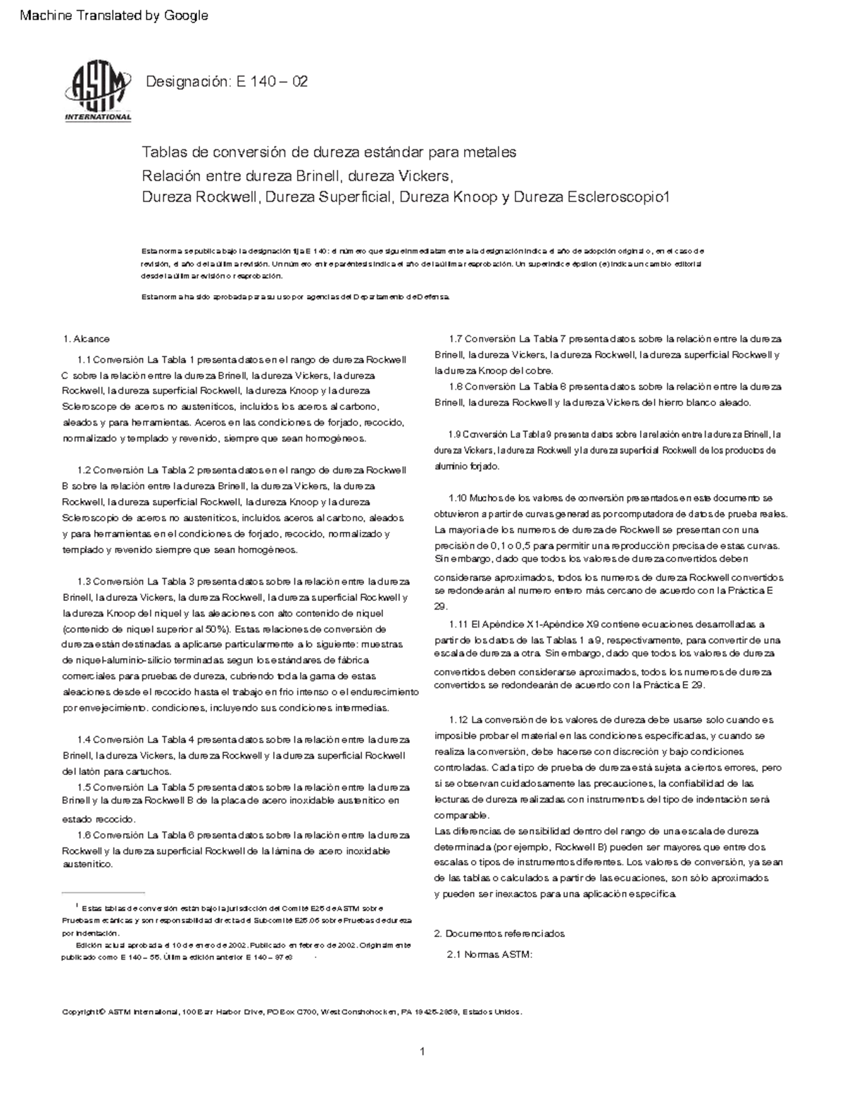 NORMA ASTM E 140 - Relación entre dureza Brinell, dureza Vickers ...