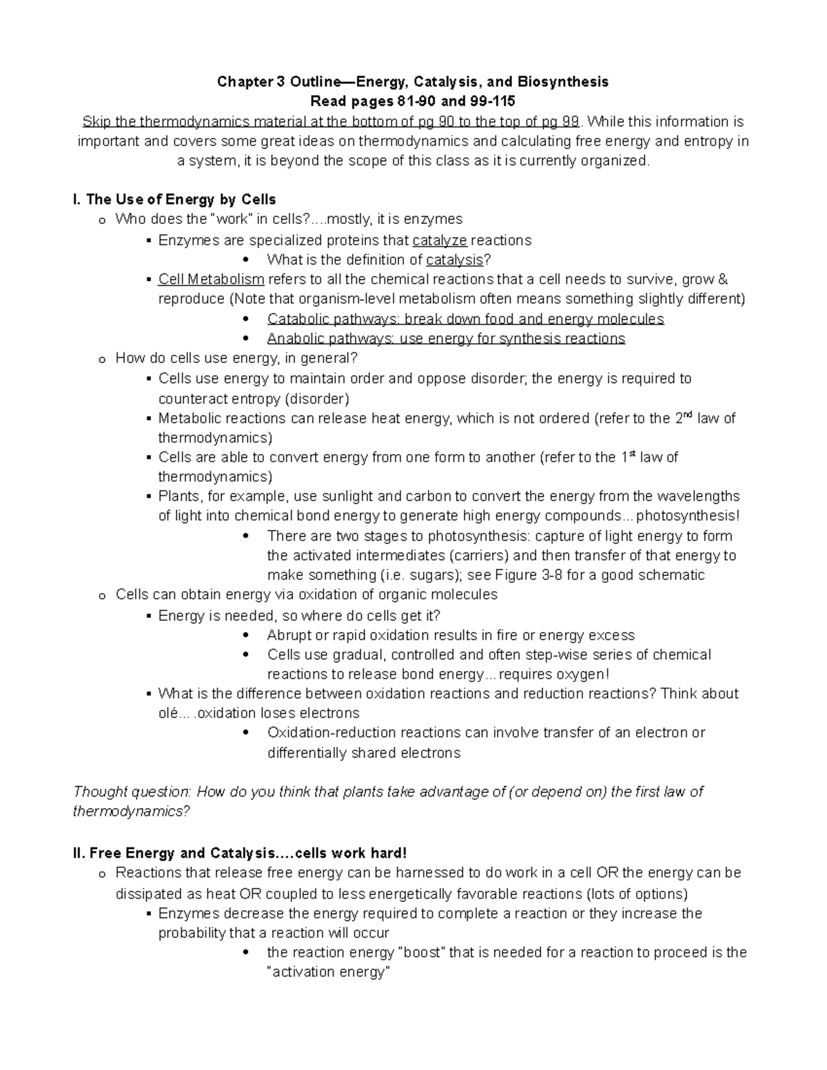 Chapter 3 Outline - Chapter 3 Outline—Energy, Catalysis, and ...