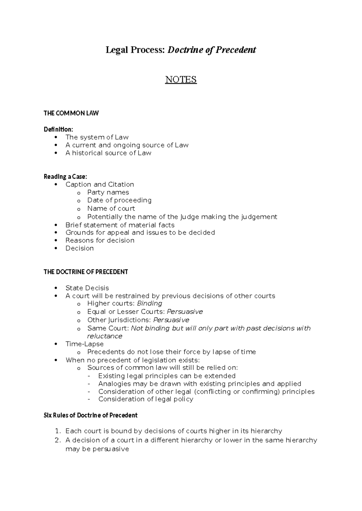 Doctrine of Precedent Notes - Legal Process: Doctrine of Precedent ...