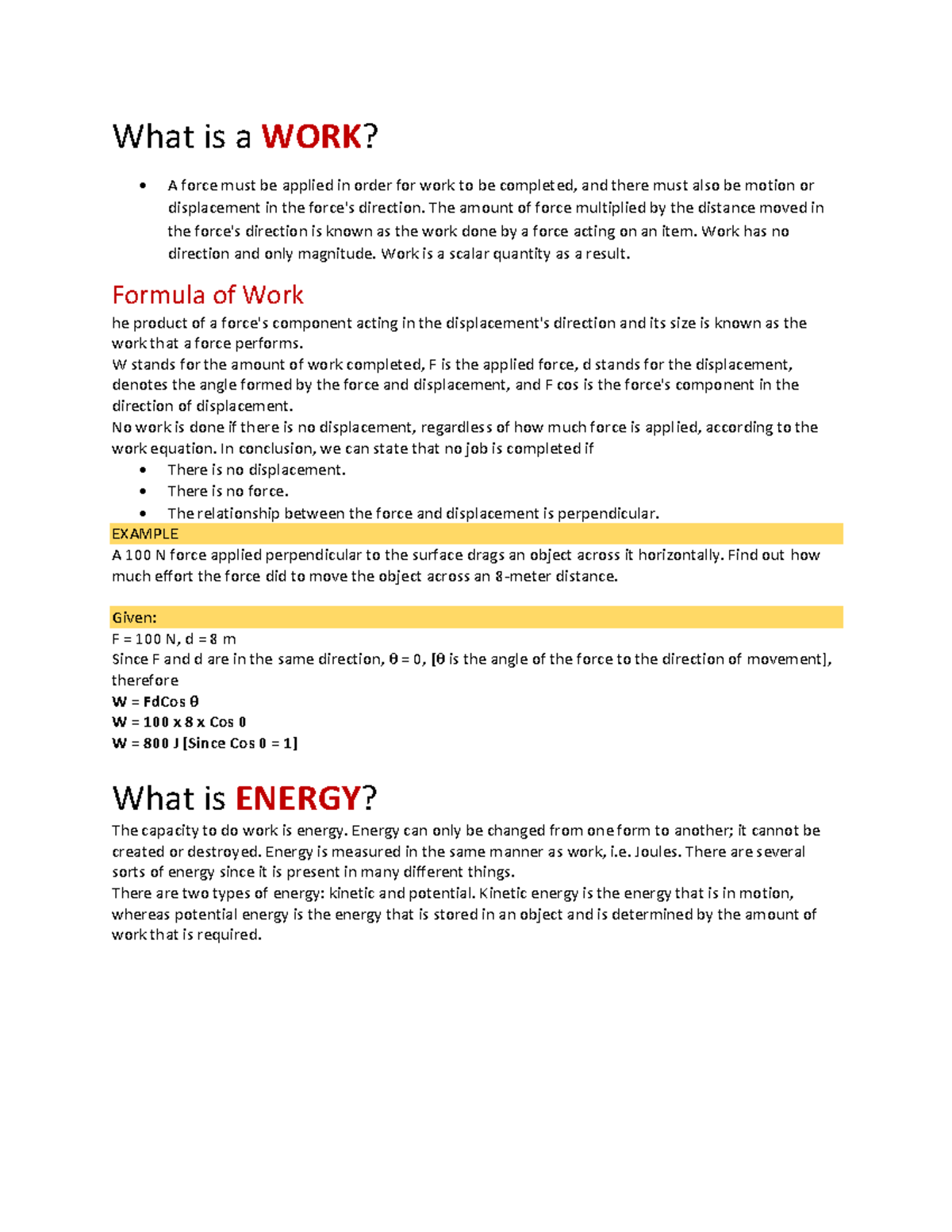 Physical Science - What is a WORK? A force must be applied in order for ...