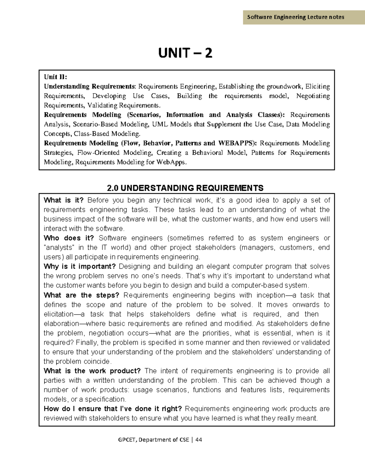 SE Lecture Notes Unit 2 ok - UNIT – 2 2 UNDERSTANDING REQUIREMENTS Unit ...