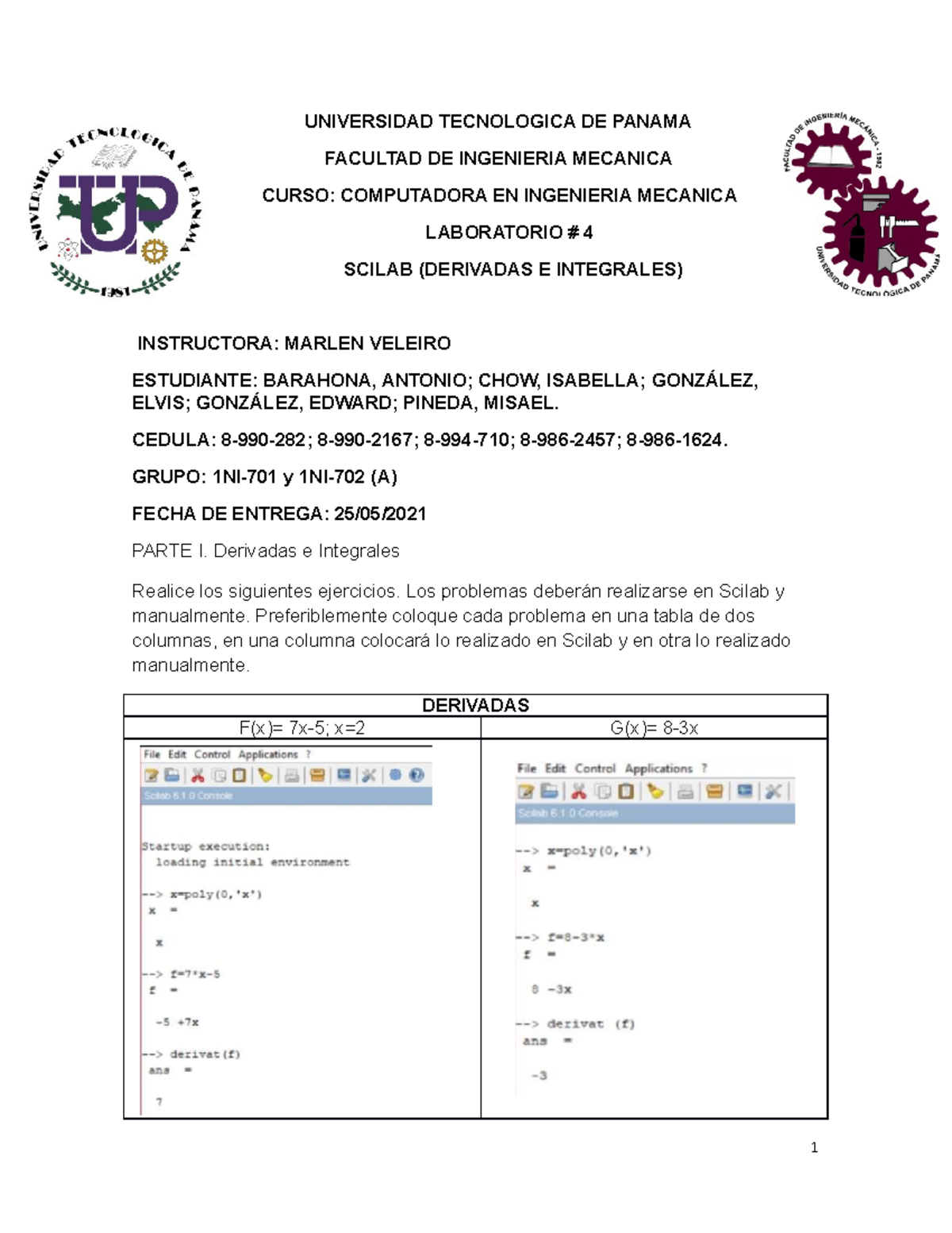 Laboratorio 4 Scilab - UNIVERSIDAD TECNOLOGICA DE PANAMA FACULTAD DE INGENIERIA MECANICA CURSO ...