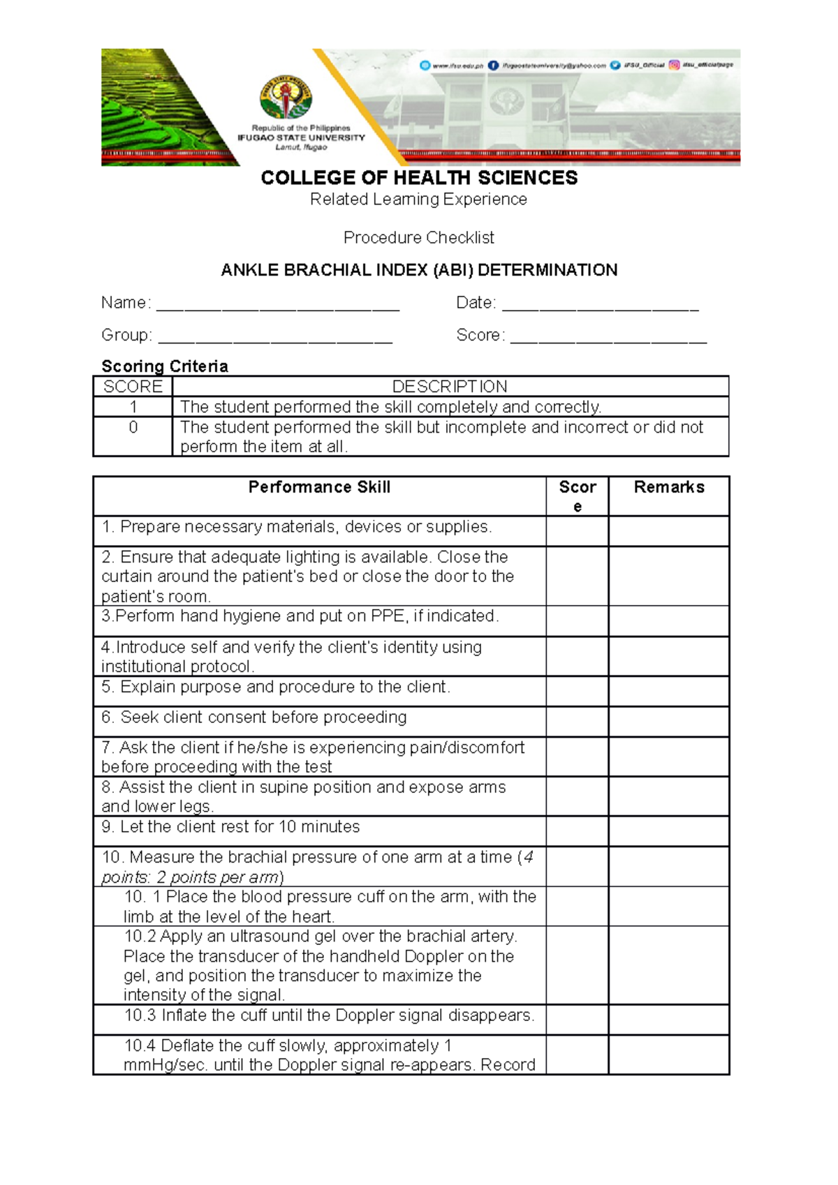 Final Checklist-Ankle-Brachial Index ABI - COLLEGE OF HEALTH SCIENCES ...