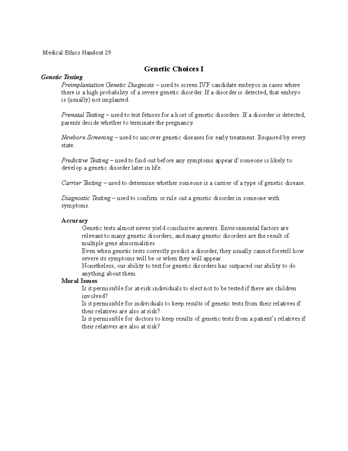 11.24 Handout - Genetic Choices I - Medical Ethics Handout 29 Genetic ...