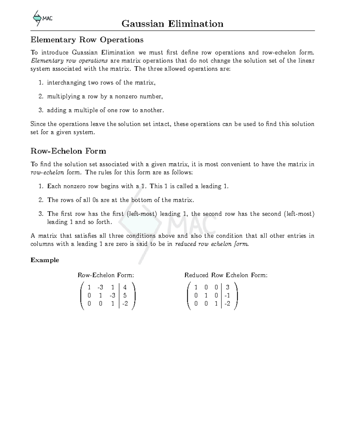 171 Gaussian Elimination - Gaussian Elimination Elementary Row Operations To introduce Guassian ...