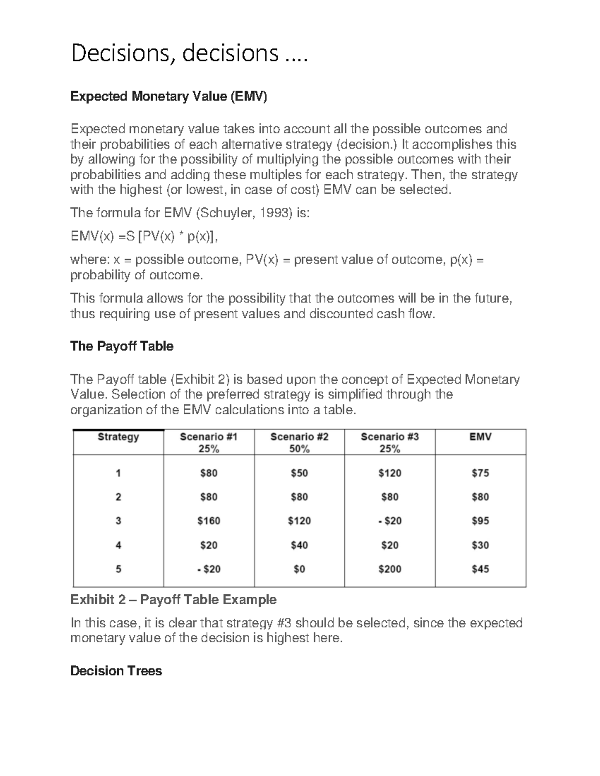 Decisions Decisions PMI Article EMV Payoff Decision Tree - Decisions ...