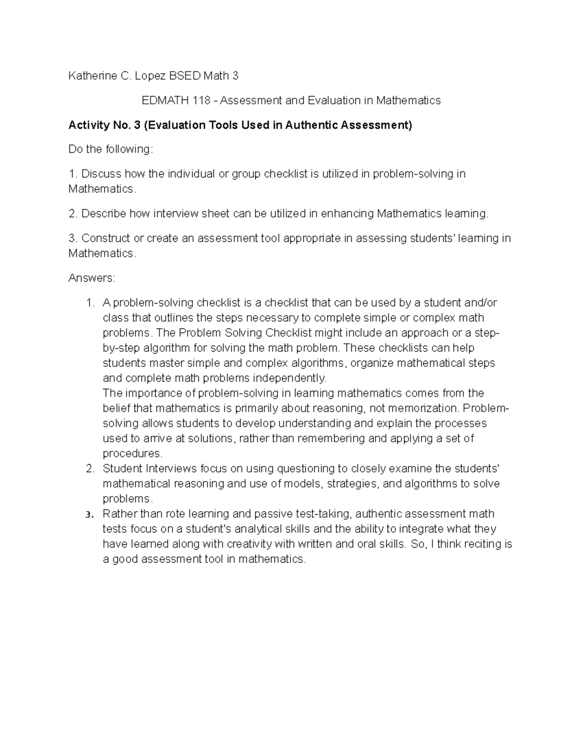 Activity No. 3 (Evaluation Tools Used in Authentic Assessment ...
