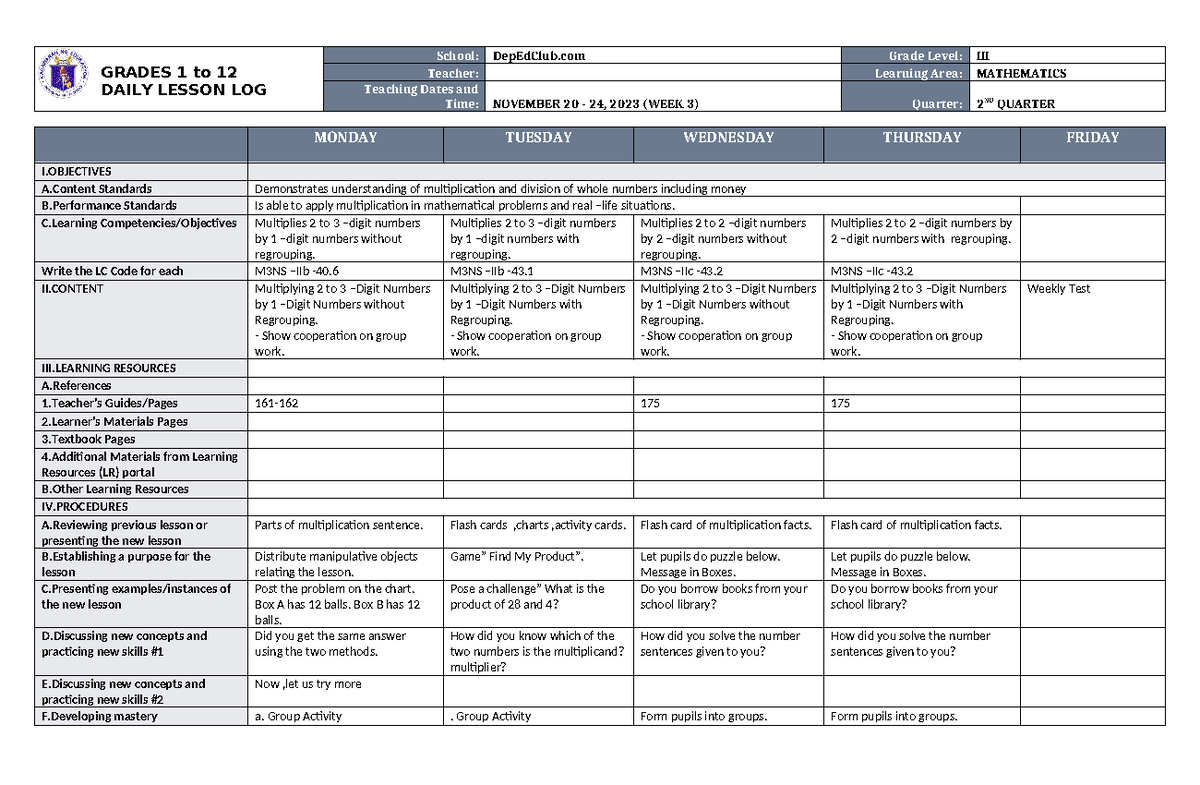 DLL Mathematics 3 Q2 W3 - GRADES 1 to 12 DAILY LESSON LOG School ...