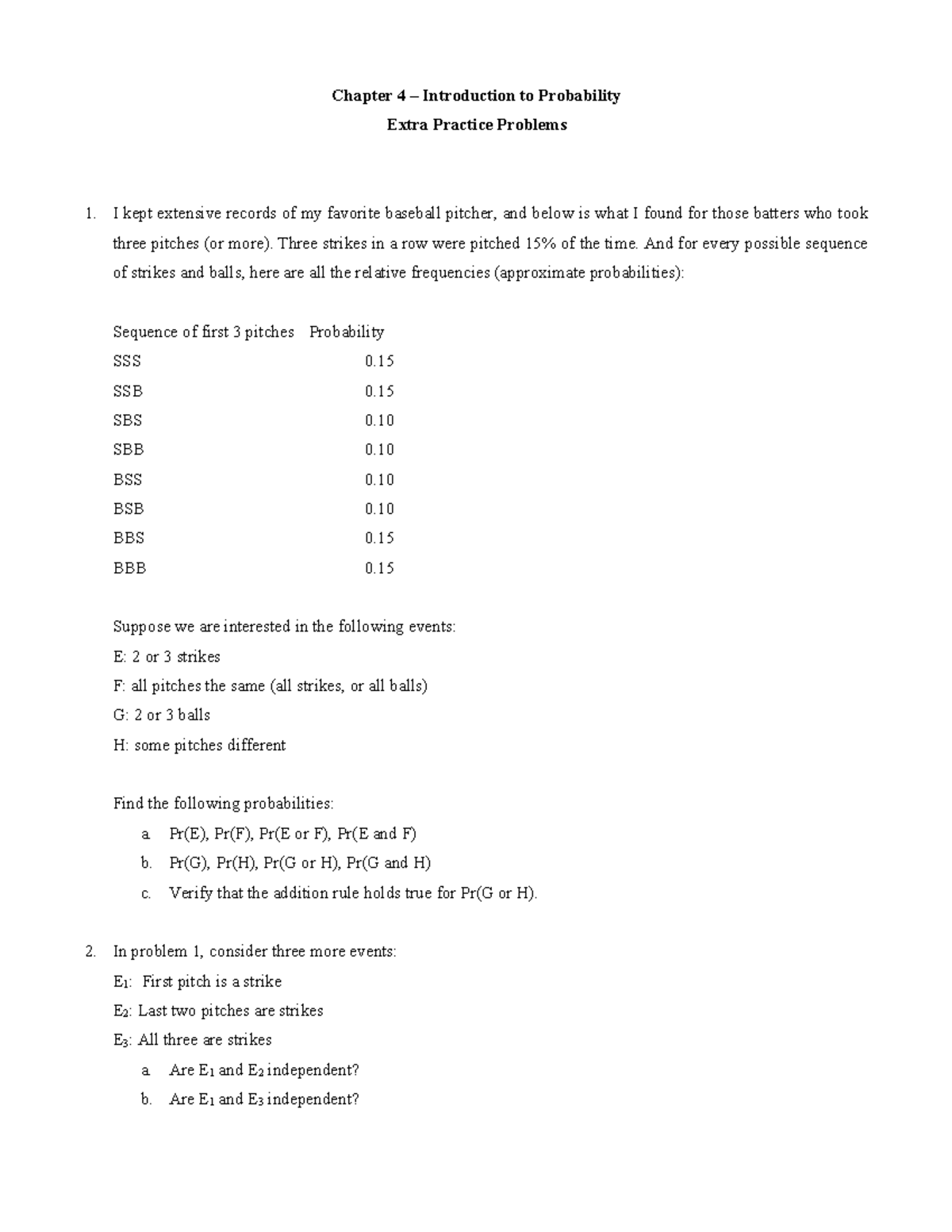 Chapter 4 Practice Problem Set - Chapter 4 – Introduction to Probability Extra Practice Problems ...
